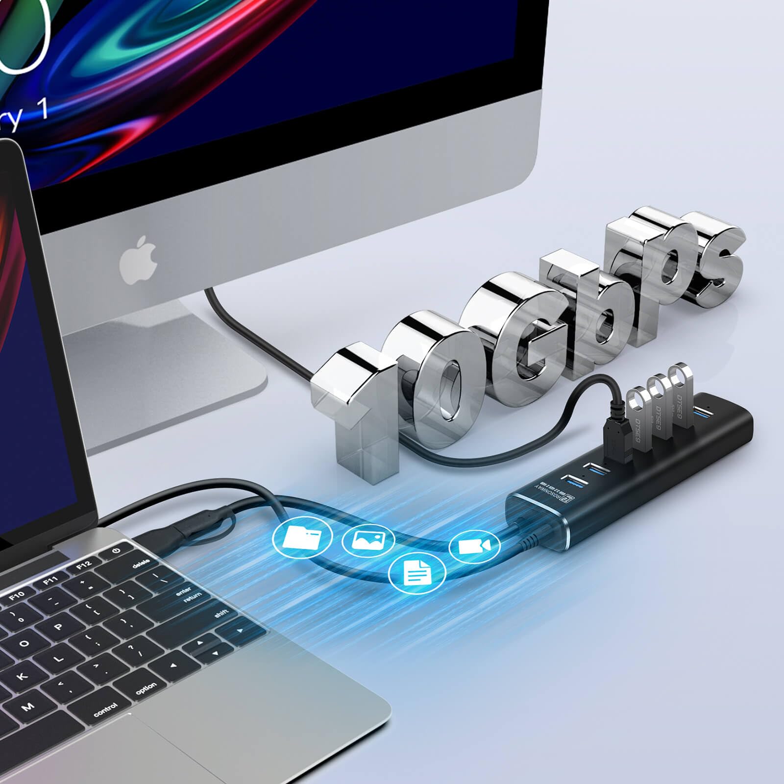 Powered USB Hub, Rosonway 7 Ports USB 3.1/3.2 Gen 2 Hub 10Gbps with 3.3ft USB-A/USB-C Data Cable, Individual Switches and 24W Power Adapter, Aluminum USB C Hub for Laptop and PC, RSH-A107