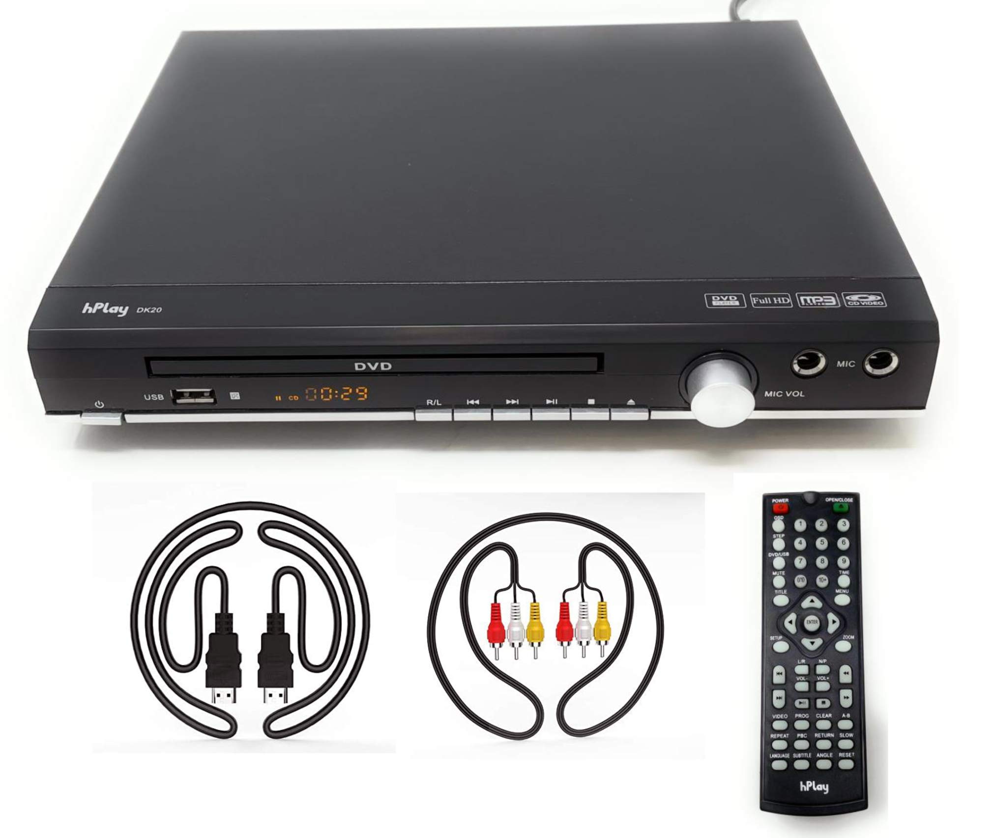 hPlay D20K Upconvert to 1080P DVD, CD Multimedia Player, Region Free, HDMI and RCA Output, USB Port, 2 Microphone Input with Microphone Volume Control (Microphone NOT Included), Top Metal Casing