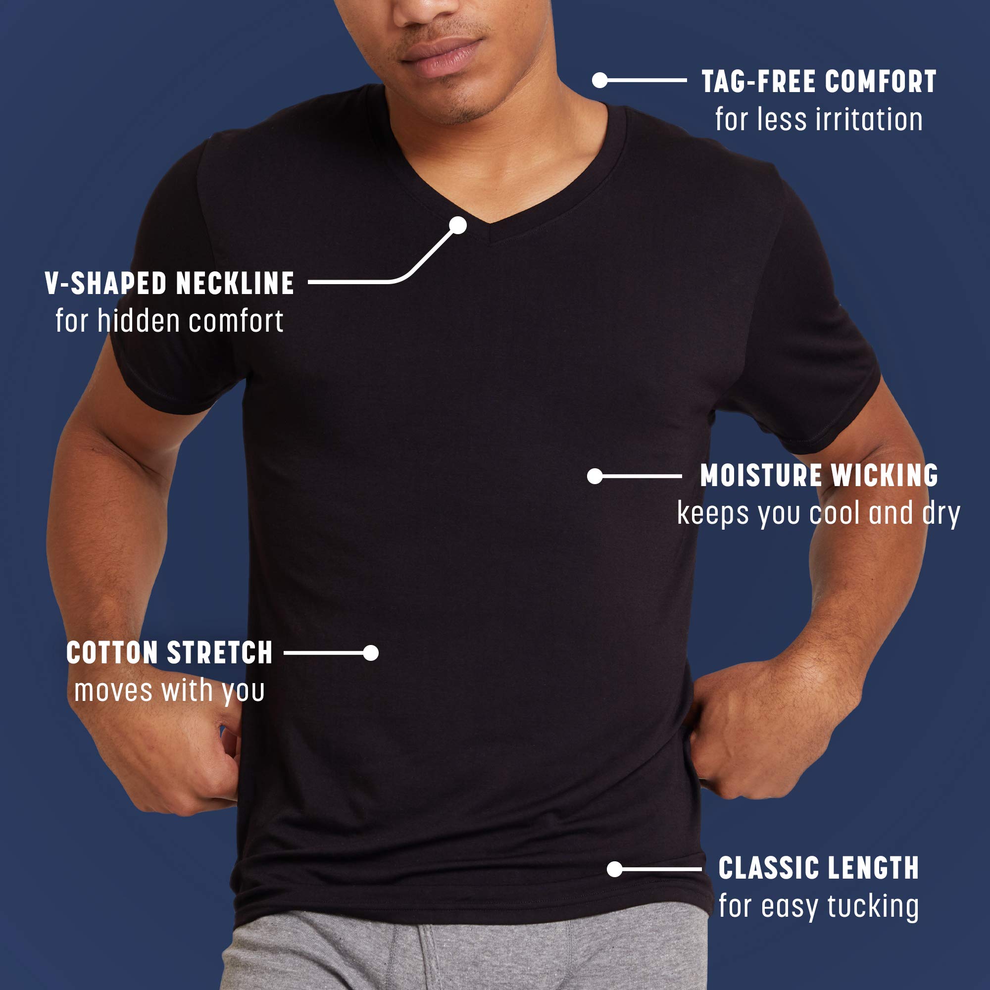 Gildan Men's Cotton Stretch T-shirts, Multipack, White/Black Soot/Grey Flannel (V-neck 3-Pack), Large