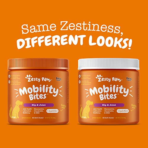Zesty Paws Mobility Bites Dog Joint Supplement - Hip and Joint Chews for Dogs - Pet Products with Glucosamine, Chondroitin, & MSM + Vitamins C and E for Dog Joint Relief - Bacon β 90 Count