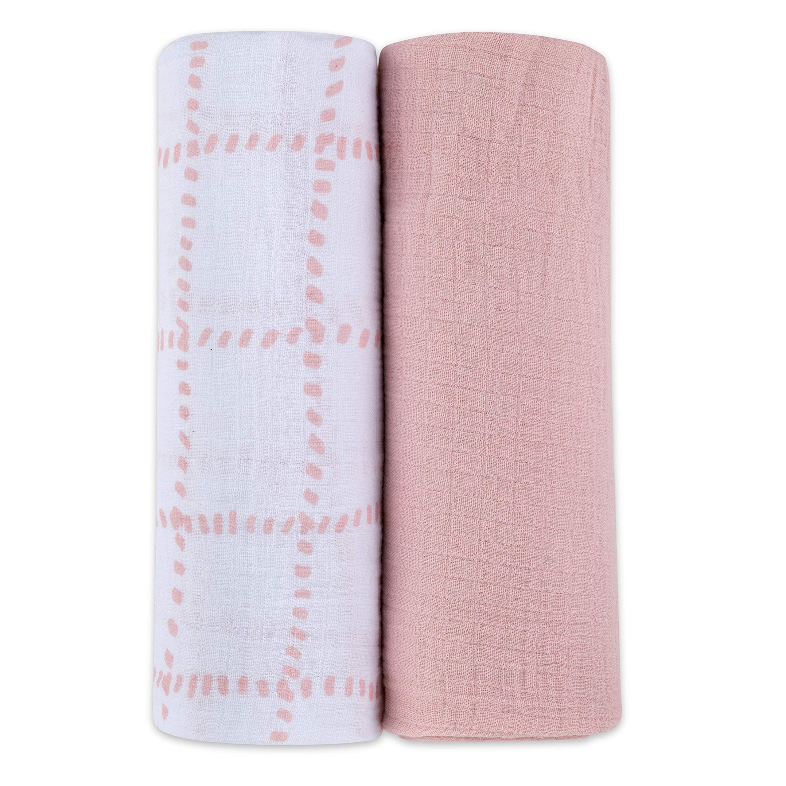 Muslin Swaddle Blankets 2-Pack 100% Muslin Cotton Swaddle Receiving Wrap Blankets (47 X 47 inches) Gift for Baby Girl (Pink Grid Lines & Solid Pink) (Pink)