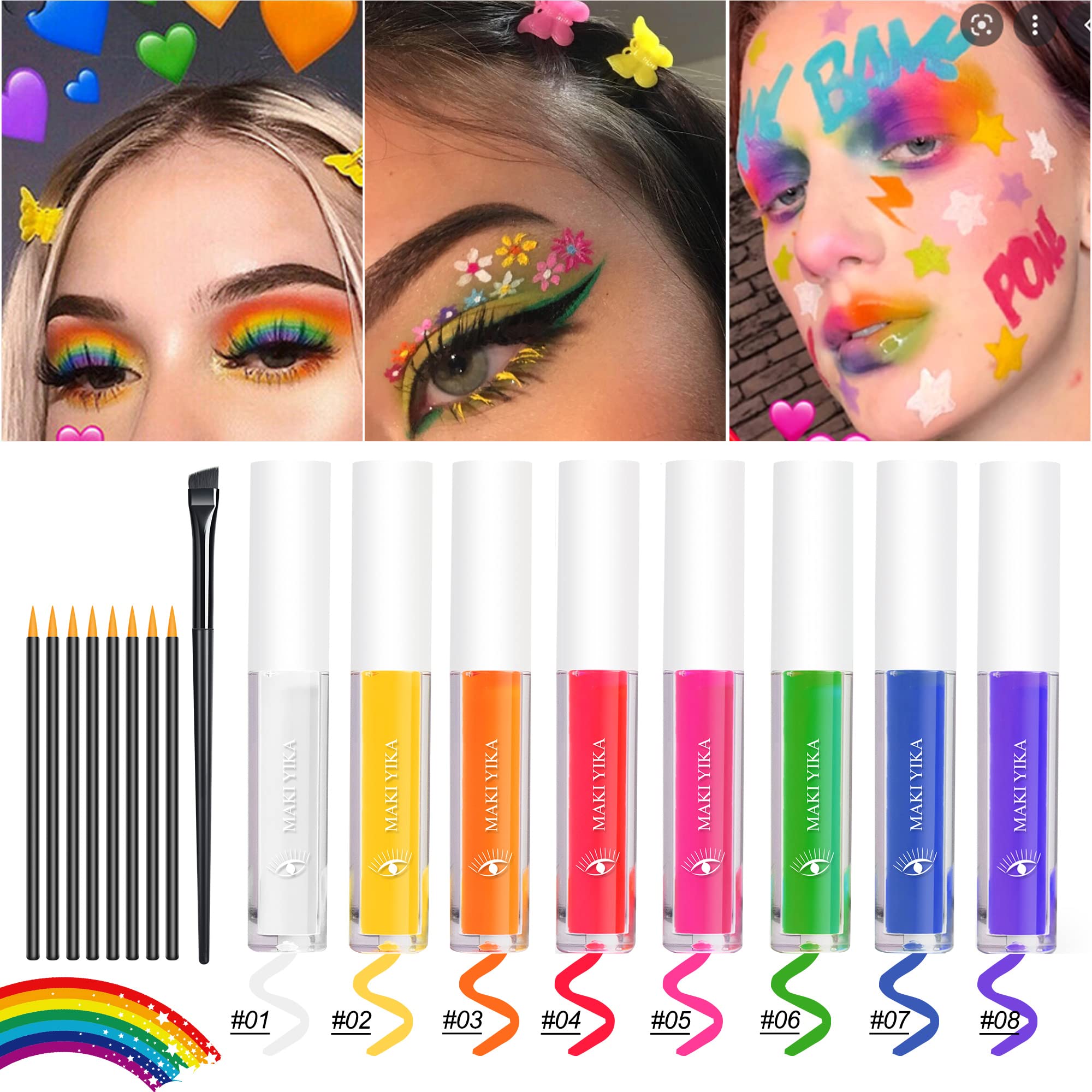 MAKI YIKA 8 Colors Neon Liquid Eyeliner Set, UV Glow Matte Eyeliner 0.17oz, Colorful Eye Liner Gel, Pigmented Long Lasting Waterproof Eyes Makeup (Multicolor)