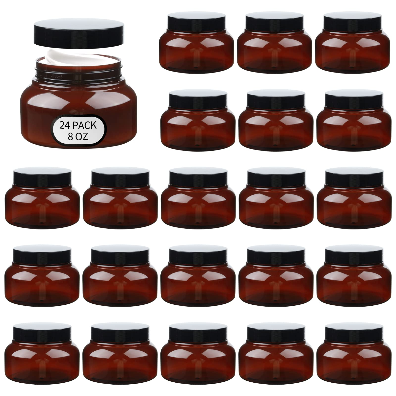 Qeirudu 24 Pack 8 oz Amber Plastic Jars with Lids and Labels, Body Scrub Jars with Lids Empty Refillable Cosmetic Containers for Body Butter, Face Creams, Lotion and Essential oil