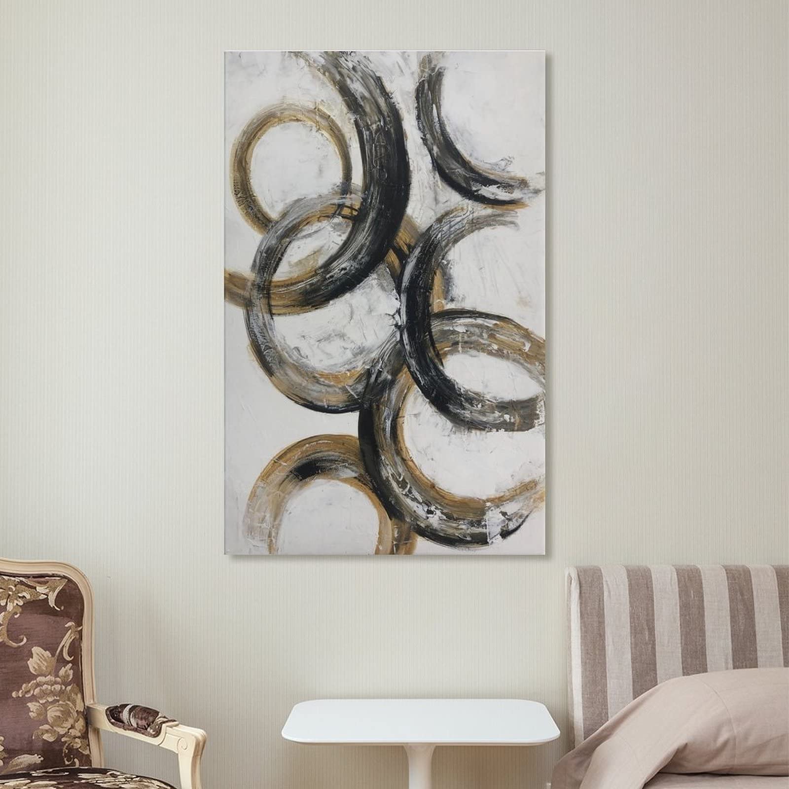 Hand-Painted Abstract Oil Painting Black White Circle Fine ArtHandmade Modern Acrylic Artwork Texture Painting Original Paintings Canvas Wall Art16x24inch(40x60cm)