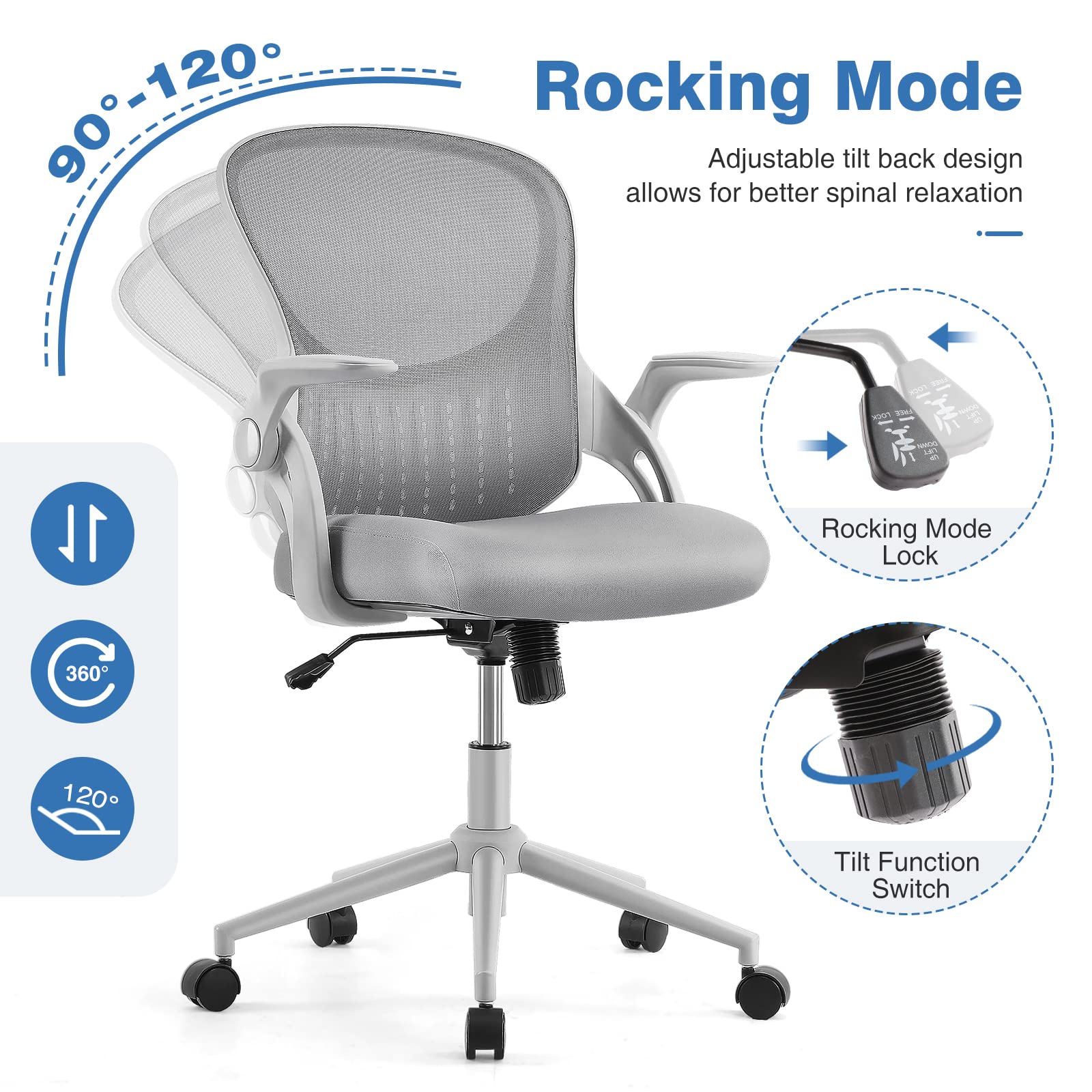 JHK Home Office Desk Chair β Ergonomic Office Chair with Lumbar Support and Flip-up Armrest, Height Adjustable Mesh Computer Chair, Suitable for Office, Study, Conference Room, Grey