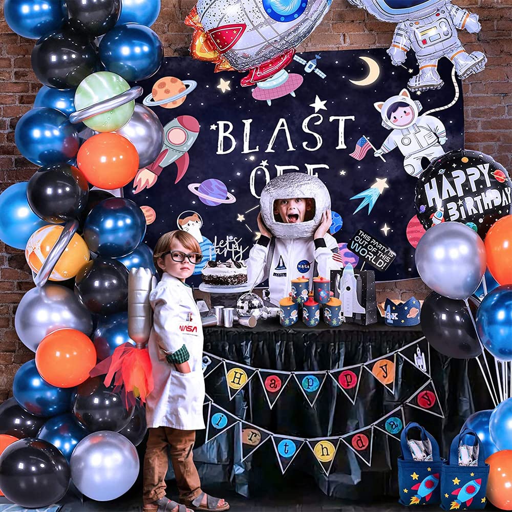 Night Blue Space Theme Astronaut Rocket Balloon Set Boys Birthday Party Decoration Arrangement Balloon Arch Kit Garland Decorations Set