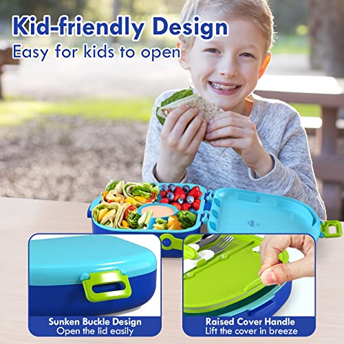 Lehoo Castle Bento Lunch Box for Kids, Large Kids Lunch Box with Cutlery&4 Compartments&Silicone Handle, Leak-proof Portable 1.3L Lunchbox Bento for Kids BPA-free Easy Opened (Blue)