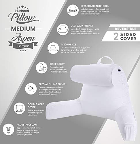 Husband Pillow Combo - Backrest Pillow with Arms : Medium White & Lap Desk Bed Tray : Brown - Aspen Memory Foam Reading Pillows for Bed w/Removable Neck Roll & Laptop Bed Tray Table