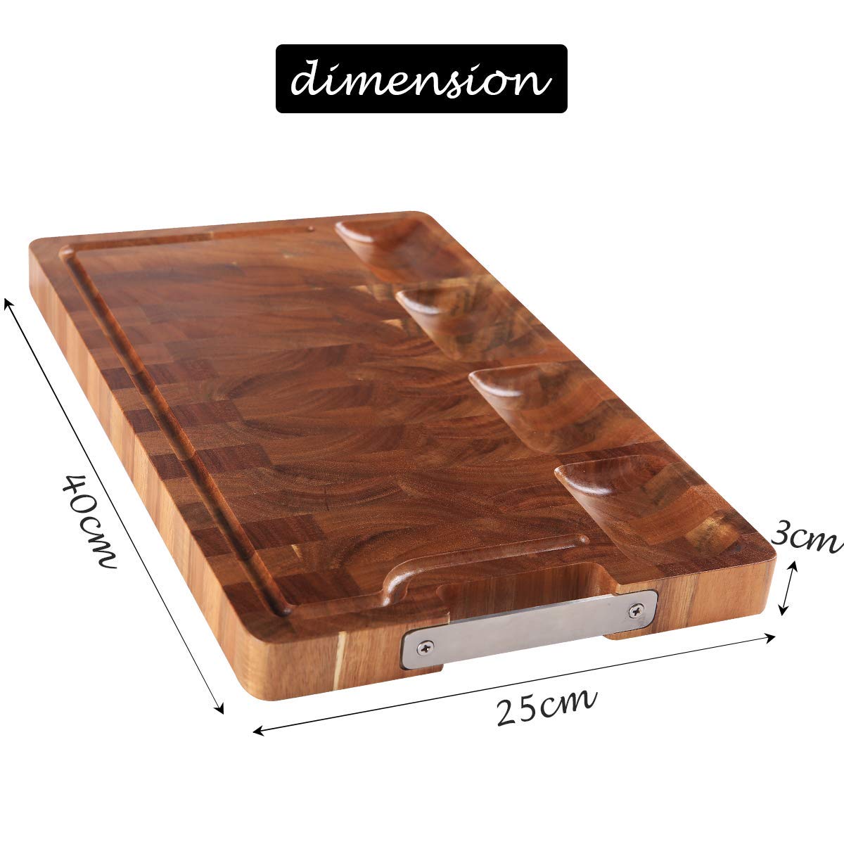 HHXRISE Acacia Wood Cutting Board for Kitchen, with 4 Built-in Compartments and Juice Grooves, Chopping Board with Handle, Butcher Block, Carving Board