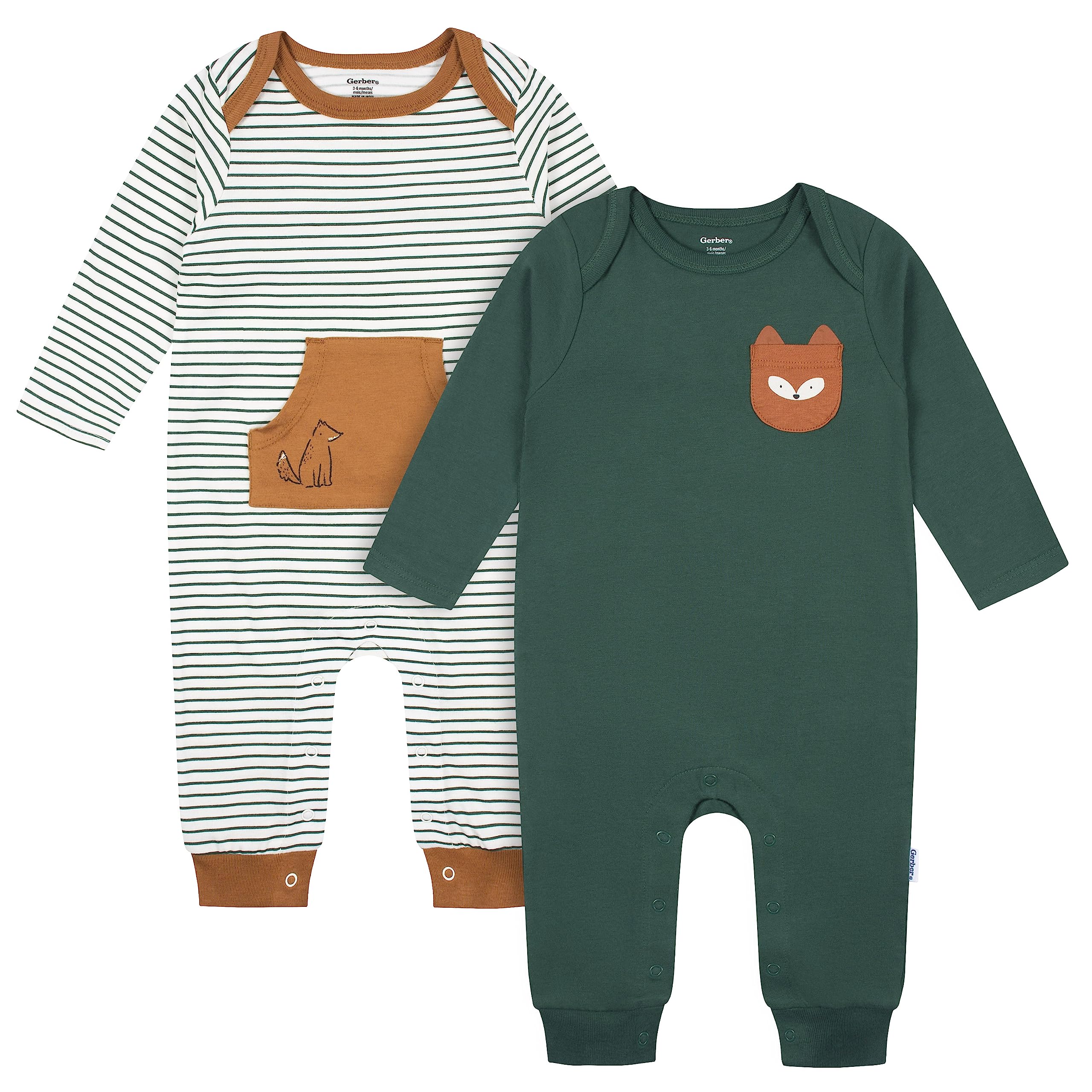 Gerber Baby Boys' 2-Pack Long Sleeve Jumpsuit, Green Fox, 12 Months