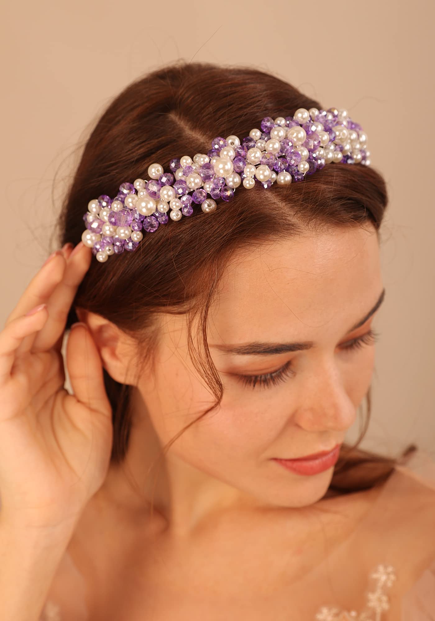 Kercisbeauty Purple Crystal and Pearl Hair Tiara for Girls Prom Wedding Bridal Handmade Crown Women Special Occasion Boho Jewelry (Purple)
