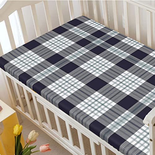 Plaid Themed Fitted Mini Crib Sheets,Portable Mini Crib Sheets Soft Toddler Mattress Sheet Fitted-Great for Boy or Girl Room or Nursery,24β x38β,Indigo White and Pale Taupe