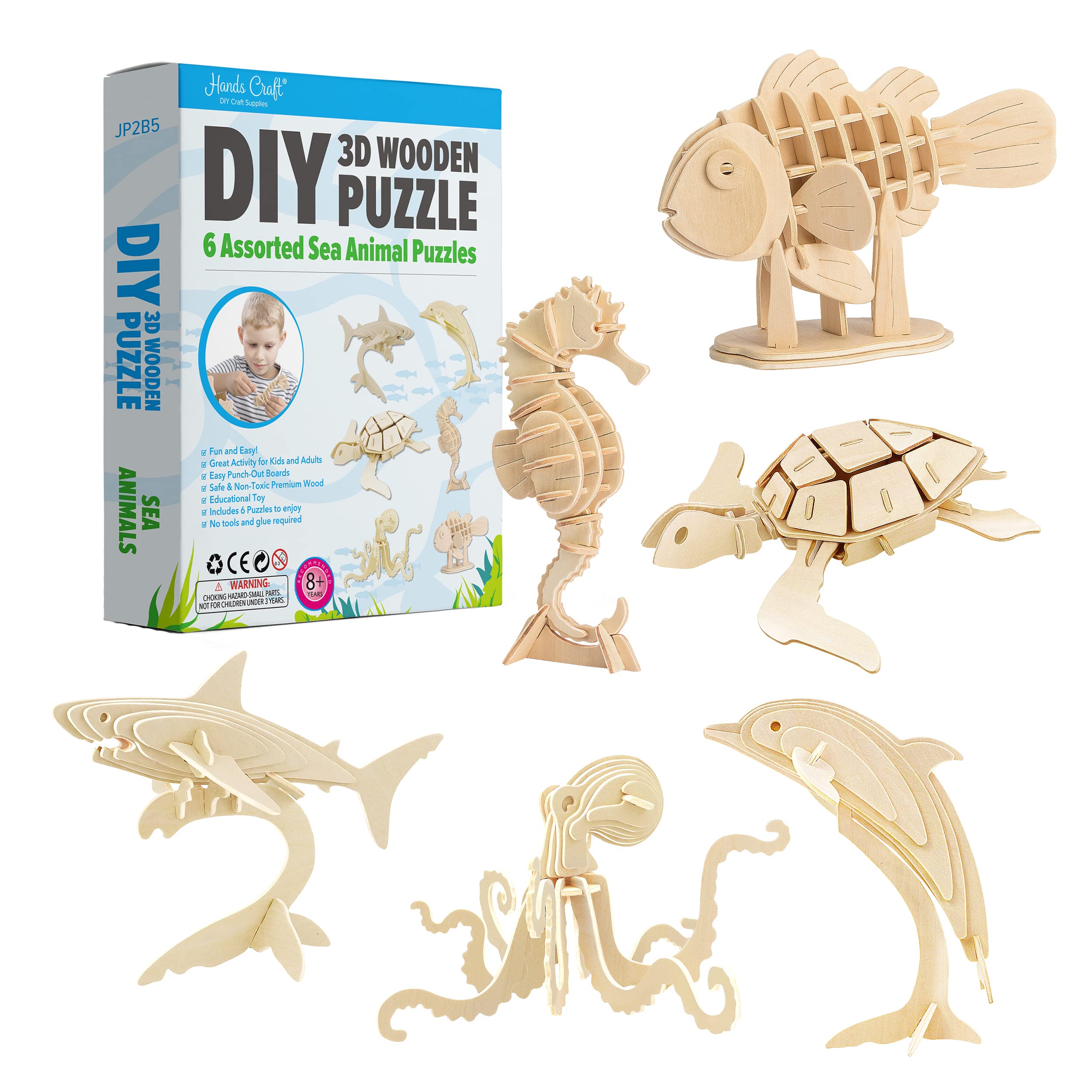 Hands Craft DIY 3D Wooden Puzzle β 6 Assorted Sea Animals Bundle Pack Set Brain Teaser Puzzles Educational STEM Toy Adults and Kids to Build Safe and Non-Toxic Easy Punch Out Premium Wood JP2B5