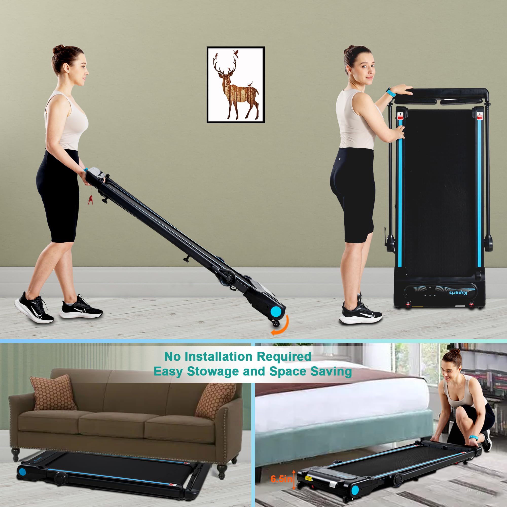 Ksports 3 in 1 Folding Treadmill, 2.25hp Under Desk Treadmill, Walking Pad, Installation-Free, Bluetooth Speaker, Fitshow, Kinomap & Others, 2 LED Displays, Walking, Running, Sit Ups for Home Office…