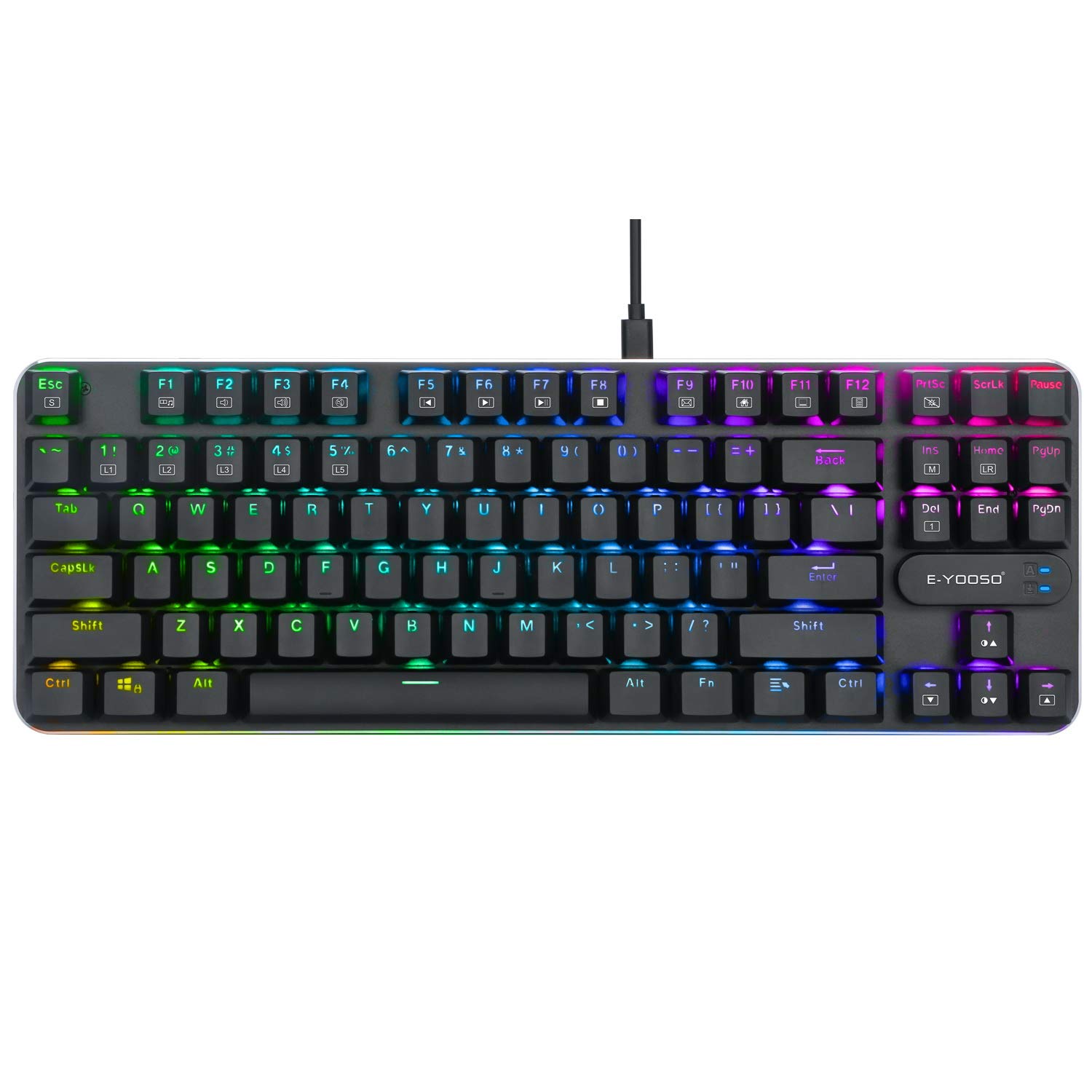 HUO JI Z-66 RGB Mechanical Gaming Keyboard with Metal Panel, Blue Switches, Detachable Cable, Low Profile, USB Wired 87 Keys for Windows PC Gaming, Black