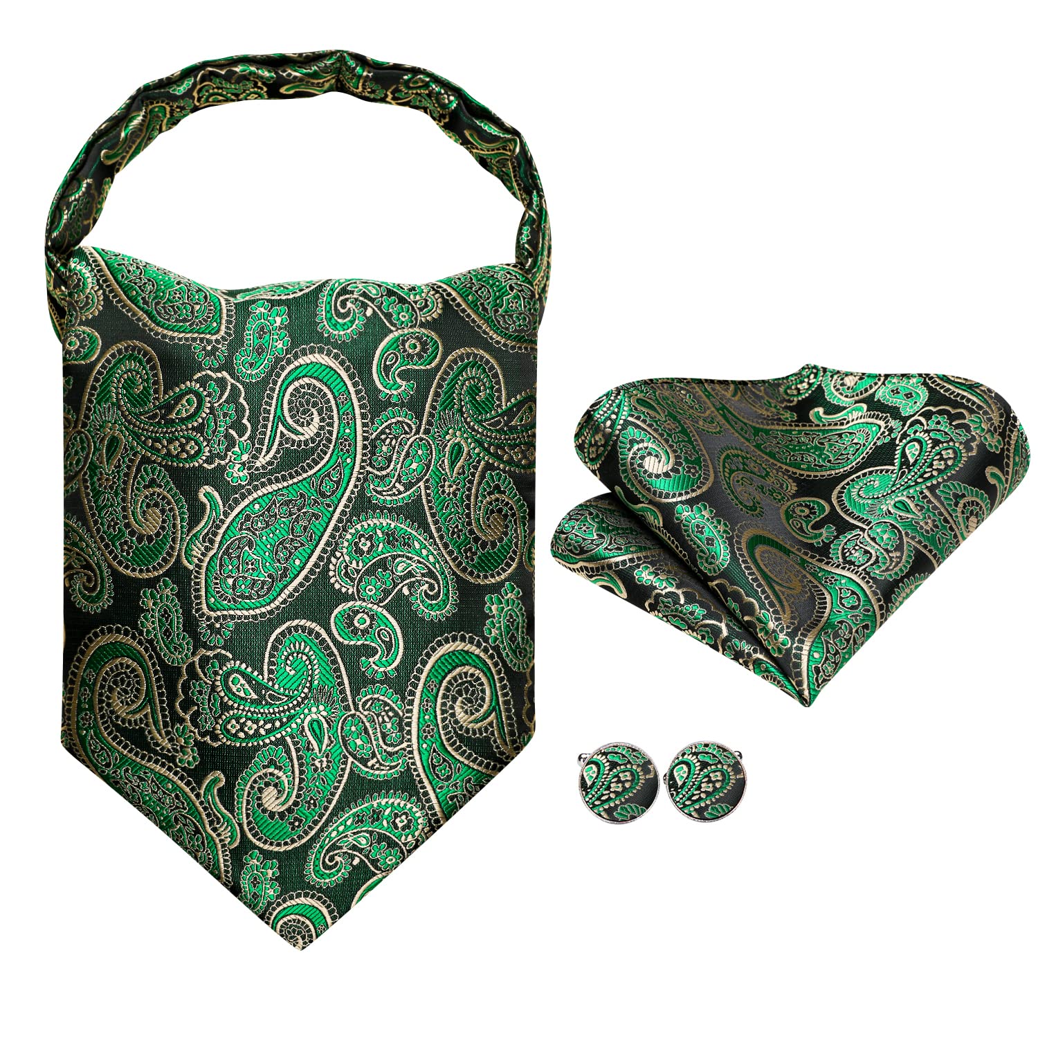 Hi-Tie Green Black Paisley Ascot Ties Formal Cravat Lapel Pin Pocket Square Cufflinks Scarf Wedding Dress Tuxedo