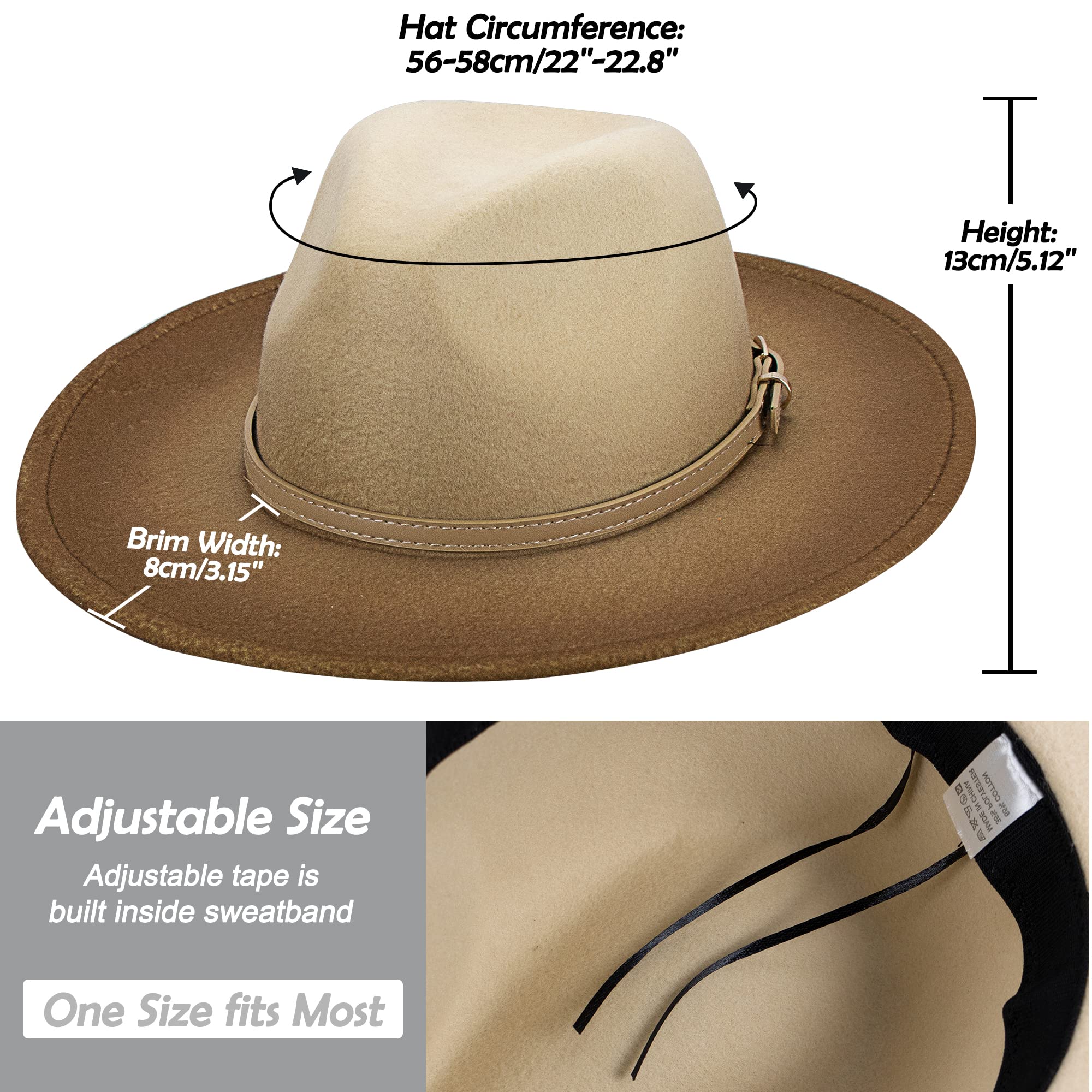 INOGIH Women Belt Buckle Fedora Hat Wide Brim Felt Hat Retro Gradient Panama Two Tone (Khaki, Medium)