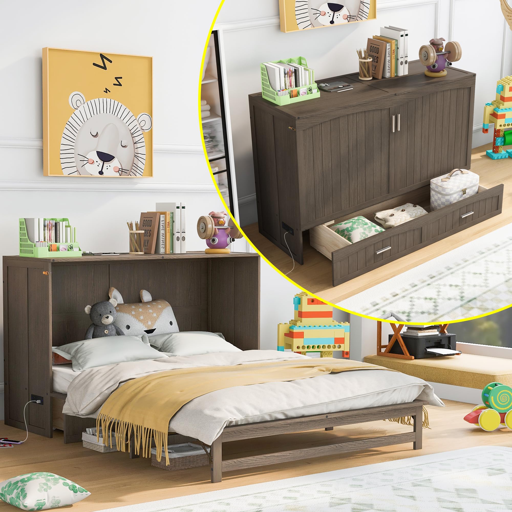 GINGVAT Queen Size Murphy Cabinet Bed with Built-in Charging Station, Space Saving Multifunctional Wall Bed for Guest Room, Living Room, Bedroom, Antique Gray