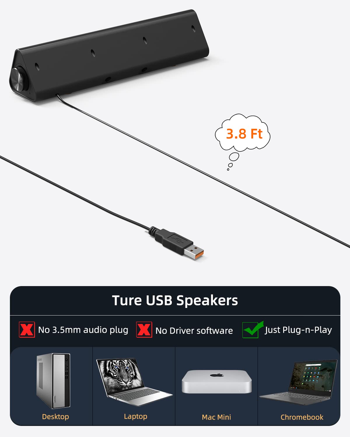 LISRFNIEAN PC Speakers, Computer Speakers for Desktop, USB-Powered External Speakers for Laptop, Small Computer Sound Bar with Crystal Clear Sound, Digital Volume Knob, Headphone Jack