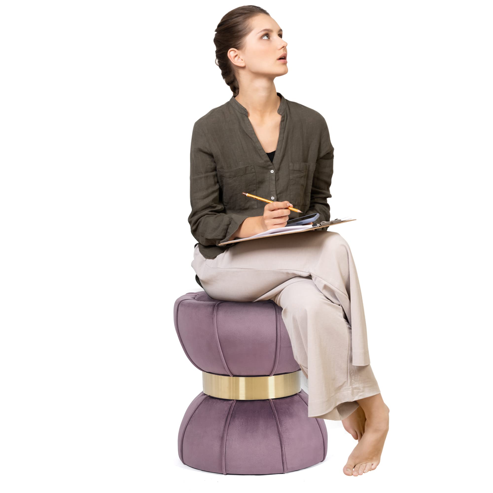 Joveco Round Velvet Ottoman, Upholstered Vanity Stool Footrest Footstool Side Table Seat with Metal Band for Makeup Room Living Room Bedroom (Purple)