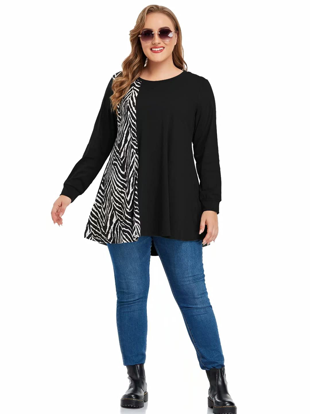 JollieLovin Plus Size Sweatshirts for Womens Long Sleeve Tops Animal Print Pullover Patchwork Tunic Lightweight Fall Clothes Black 2X