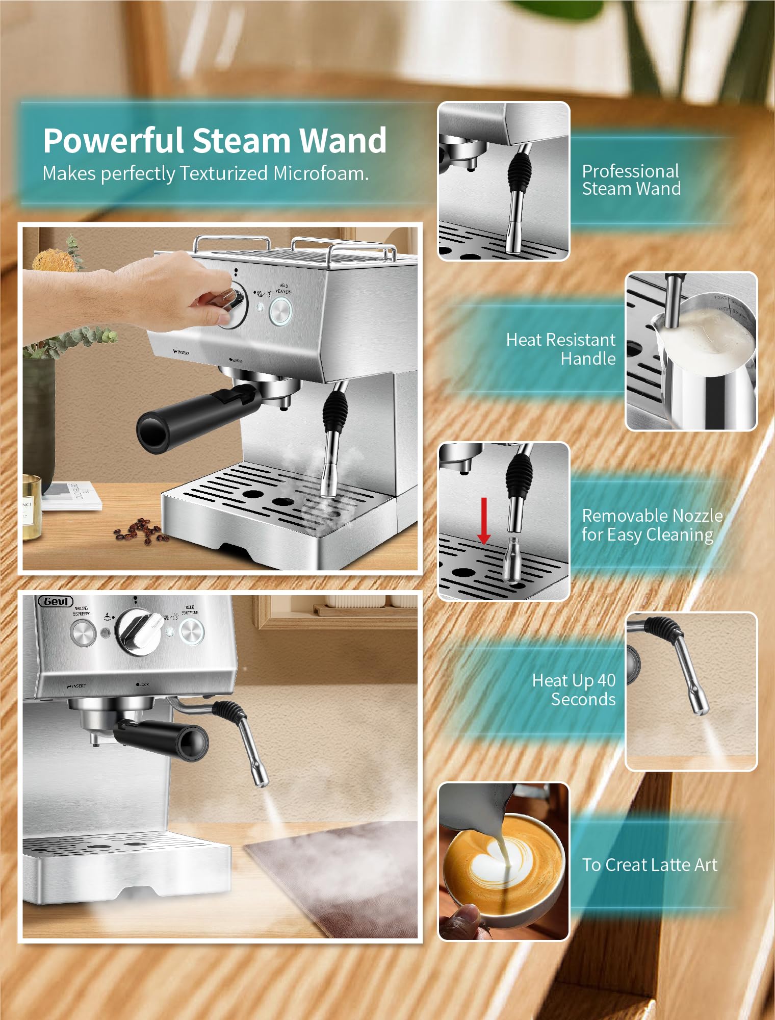 Gevi Espresso Coffee Machine,Espresso Machine with Steamer, Compact Semi Espresso Maker with Milk Frother for Home, Stainless Steel Cappuccino Machine for Cappuccino, Latte, 1100W