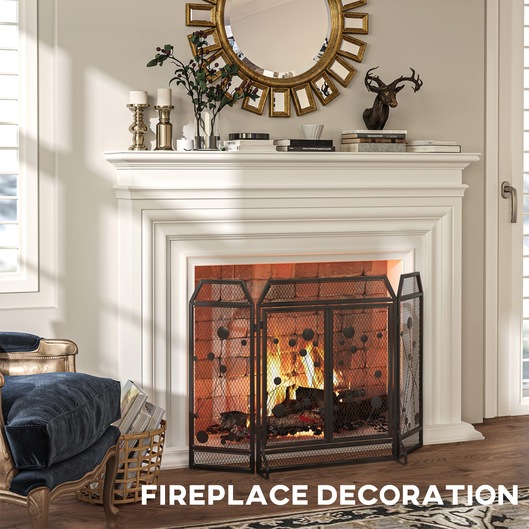 HOMCOM 3-Panel Metal Fireplace Mesh Screen Home Folded Steel Spark Protection with Magnetic Doors 49.25" x 31.5", Black