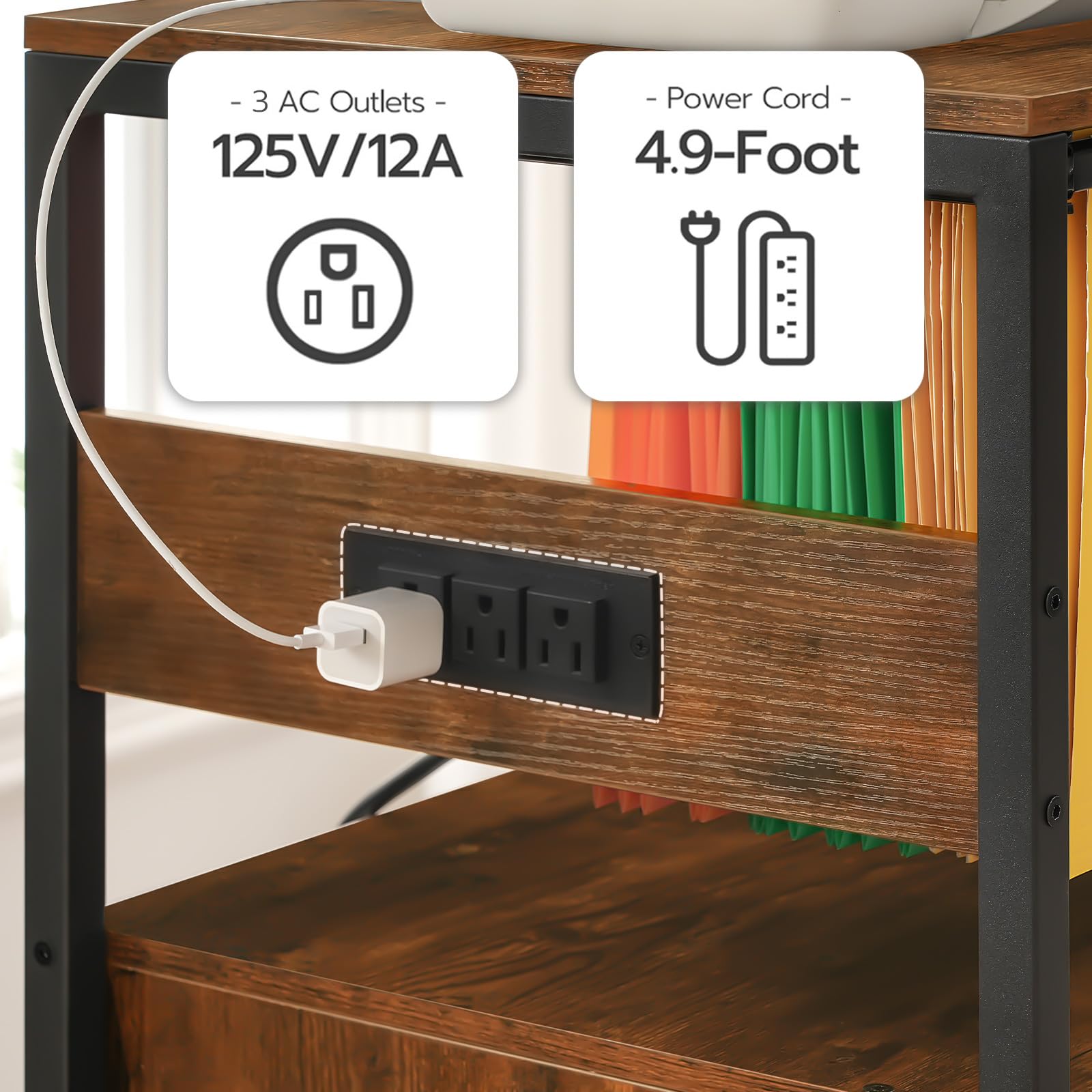 HOOBRO 2 Drawer File Cabinet, Mobile Printer Stand with Open Storage Shelf, Filing Cabinet with Charging Station, Wooden Office Cabinet fits A4/Letter Size, Rustic Brown and Black BF80UWJ01