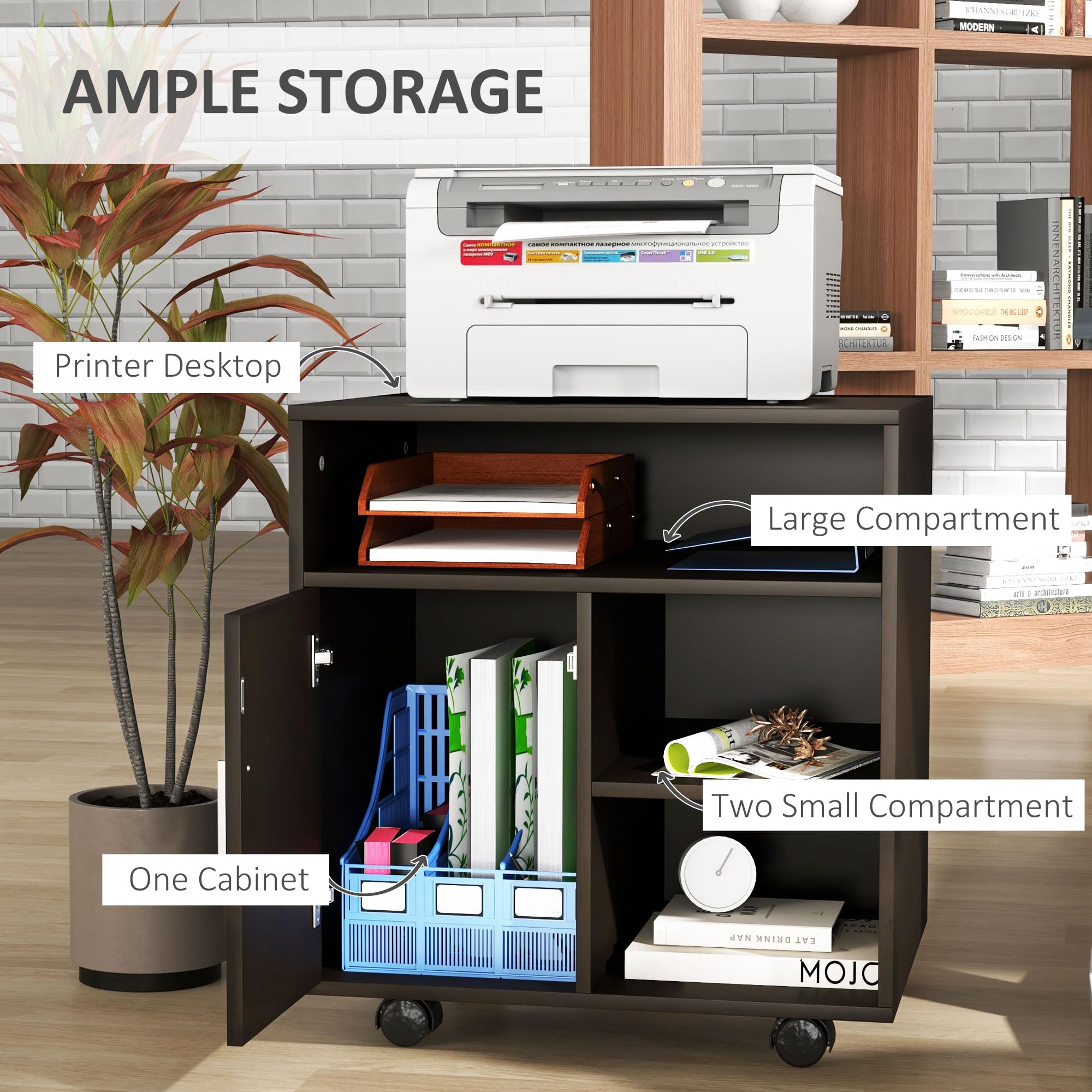 HOMCOM Printer Stand Multipurpose Moveable Filing Cabinet with Ample Inner Storage Space & 4 Easy-Rolling Wheels, Coffee