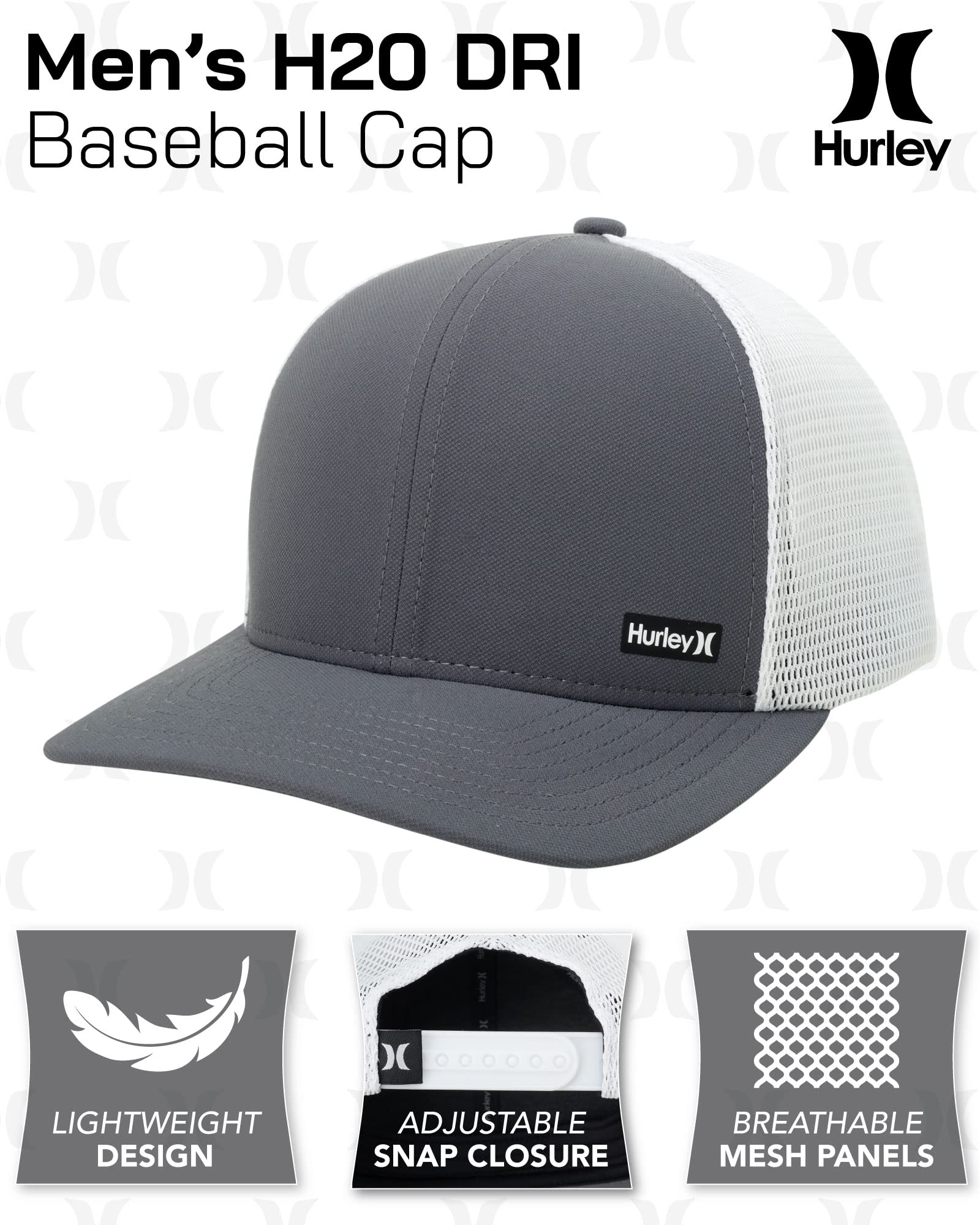 Hurley Men's Caps - H2O-Dri League Baseball Caps for Men with Snapback Closure - Classic Mens Trucker Hats (S-XL), Grey/White