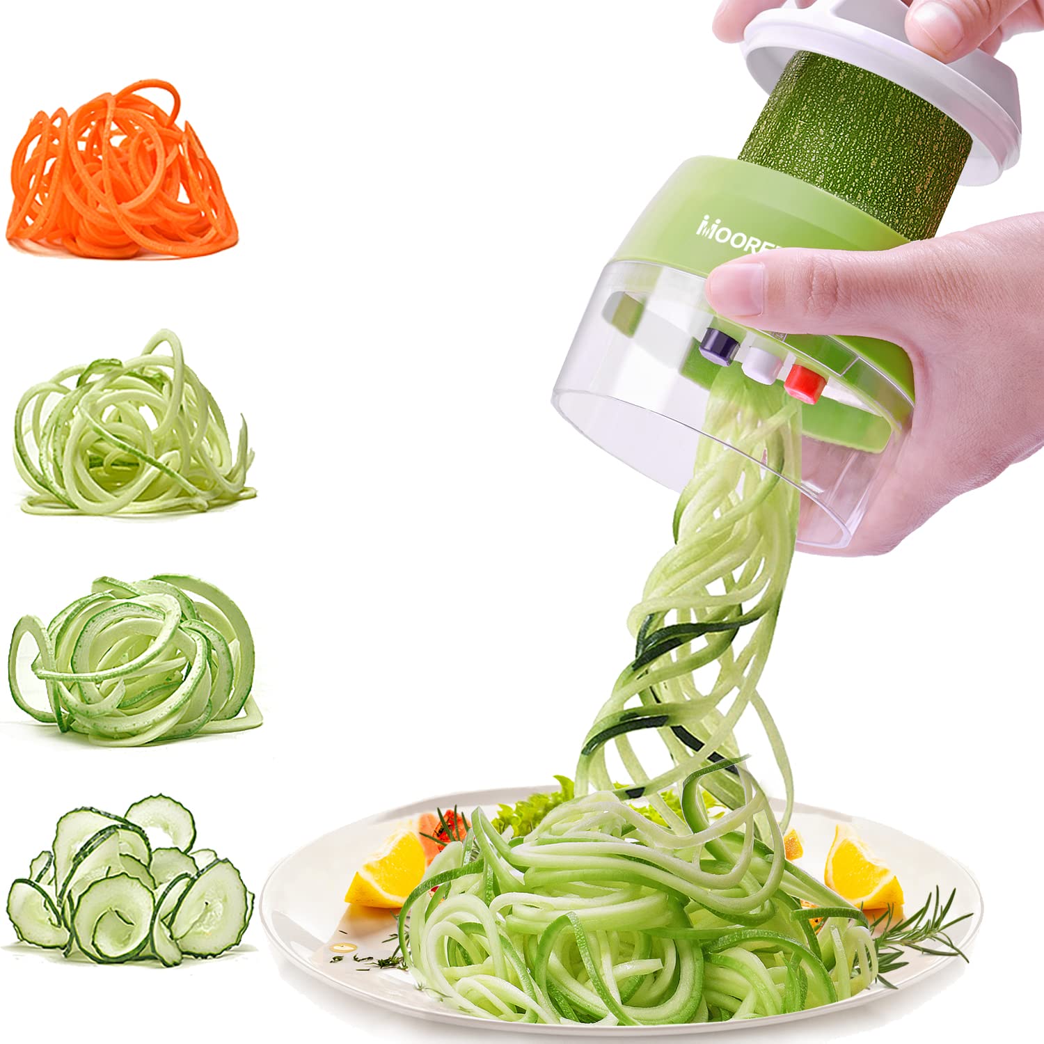 MOOREDLIFE Spiralizer Handheld Vegetable Slicer, 4 in 1 Zucchini Spaghetti Maker Vegetable Zoodle Maker Veggie Spiralizer Spiral Slicer Zucchini Spiralizer 8.48cm, Green