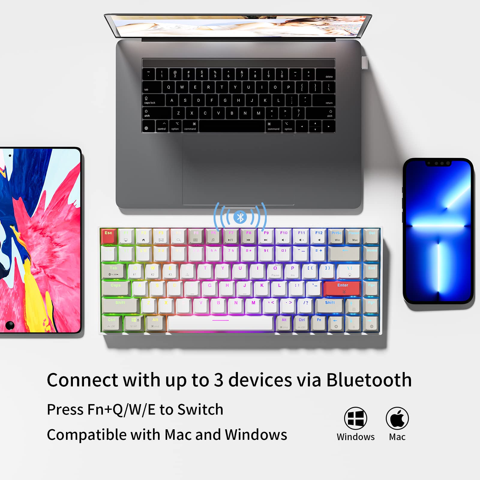 Newmen GM840 75% Percent Keyboard Wireless Bluetooth/2.4G/Wired Compact 84 Keys Hot Swappable Mechanical Keyboard RGB Backlit Anti-Ghosting Gaming Keyboard for Win/Mac PC(Gateron Brown Switch)