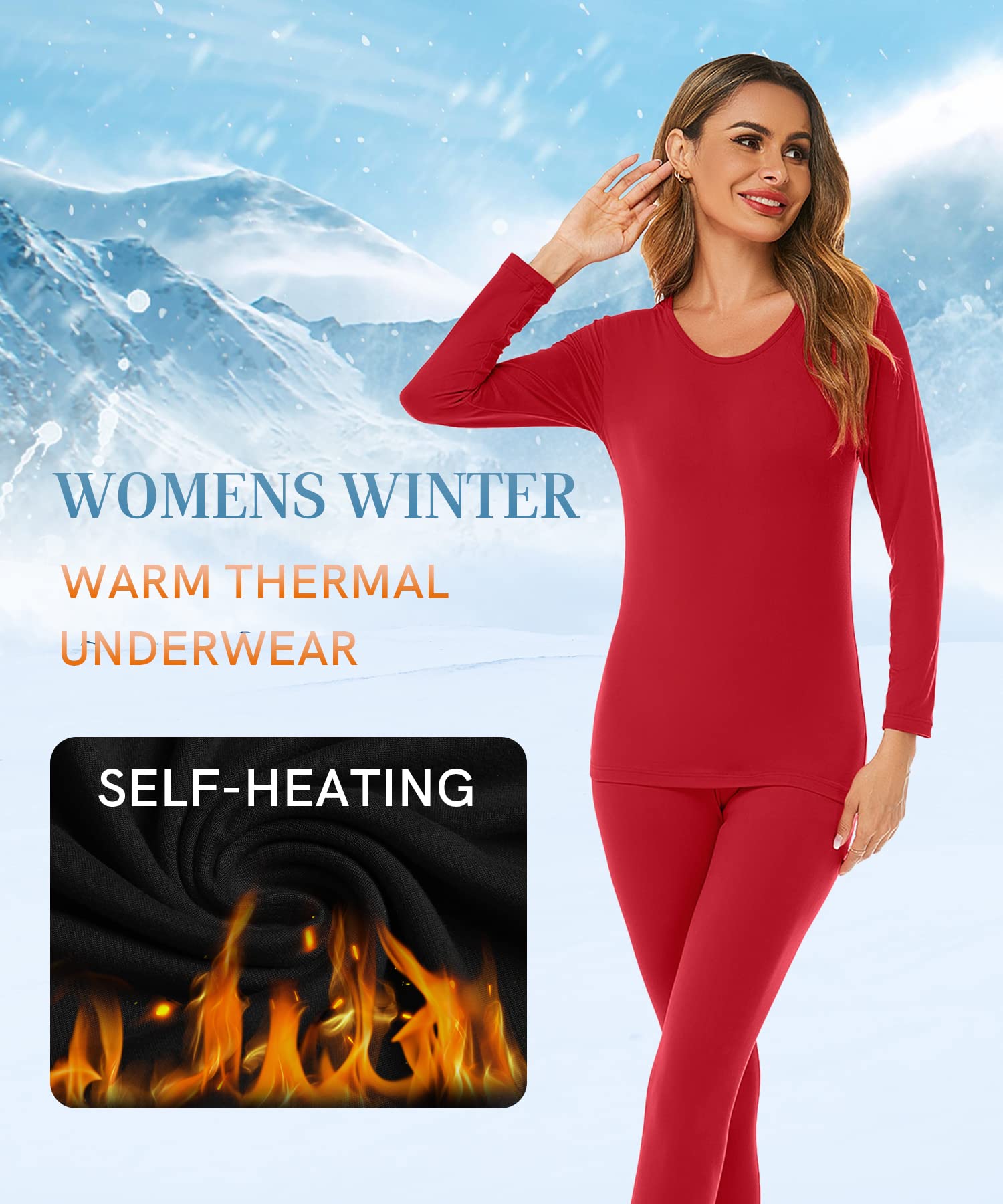 LOMON Thermal Underwear for Women Ultra Soft Smooth Knit Long Johns Set Base Layer Top & Bottom(Red Small)