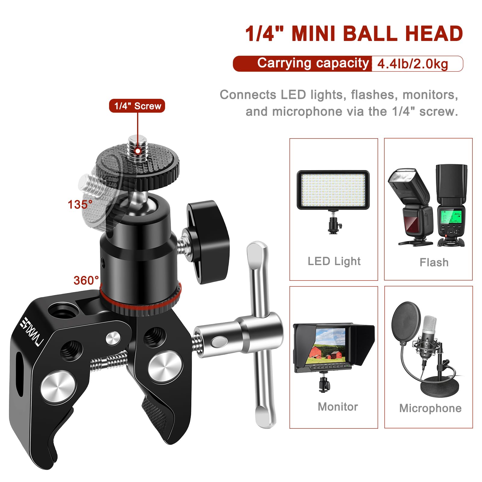 Lanxire Super Clamp Mic Clip Mic Mount with Mini Ball Head for Microphones - Max Load 4.4lb/2kg - 1/4ββ Female to 5/8ββ Male Thread Adapter Included