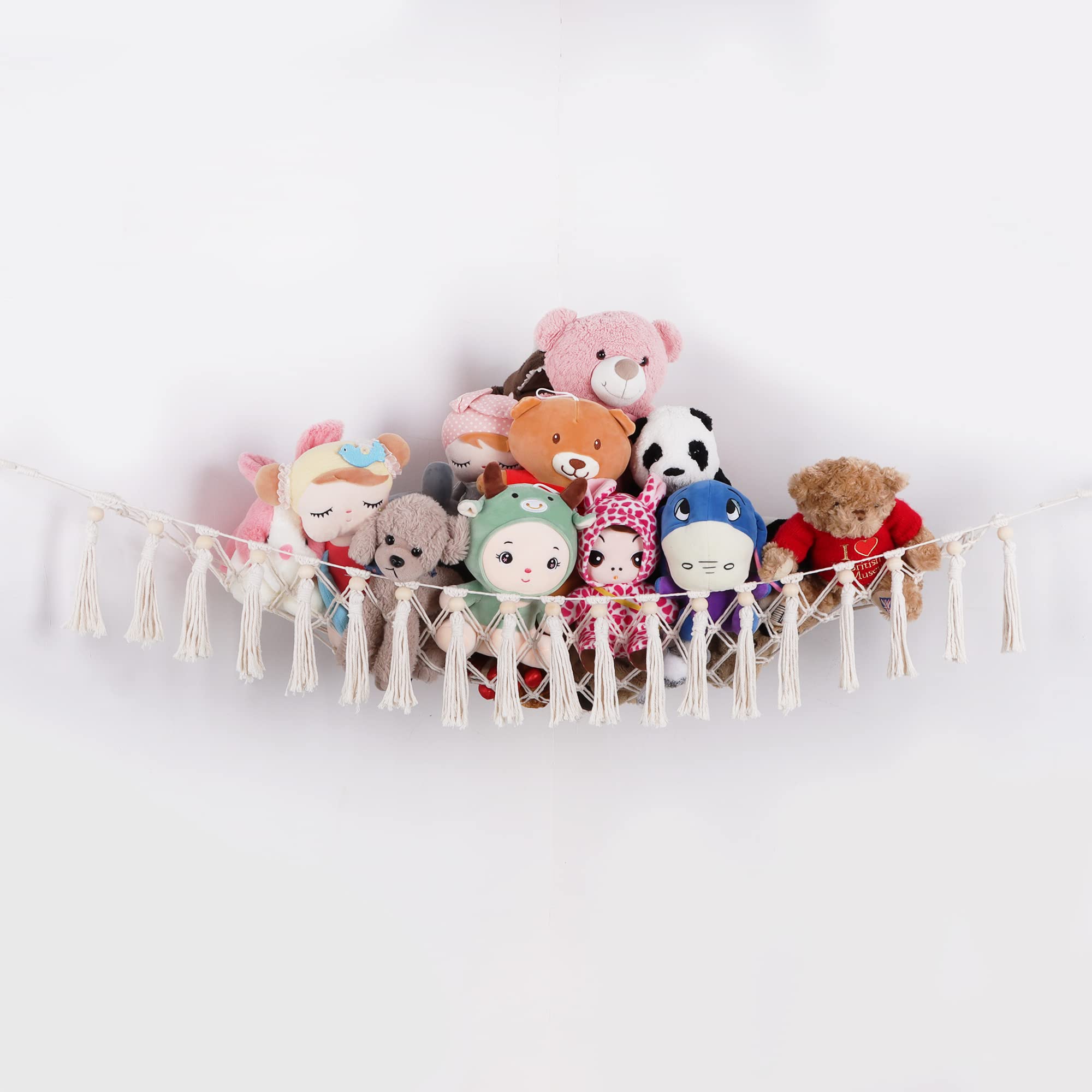 Moosky Stuffed Animal Net or Hammock with LED Light Toy Organizer Macrame Toy Hammock Stuff Animal Storage Corner Hanging Net Holder with Tassel & Hooks Boho Decor for Nursery Kids Room (Beige)