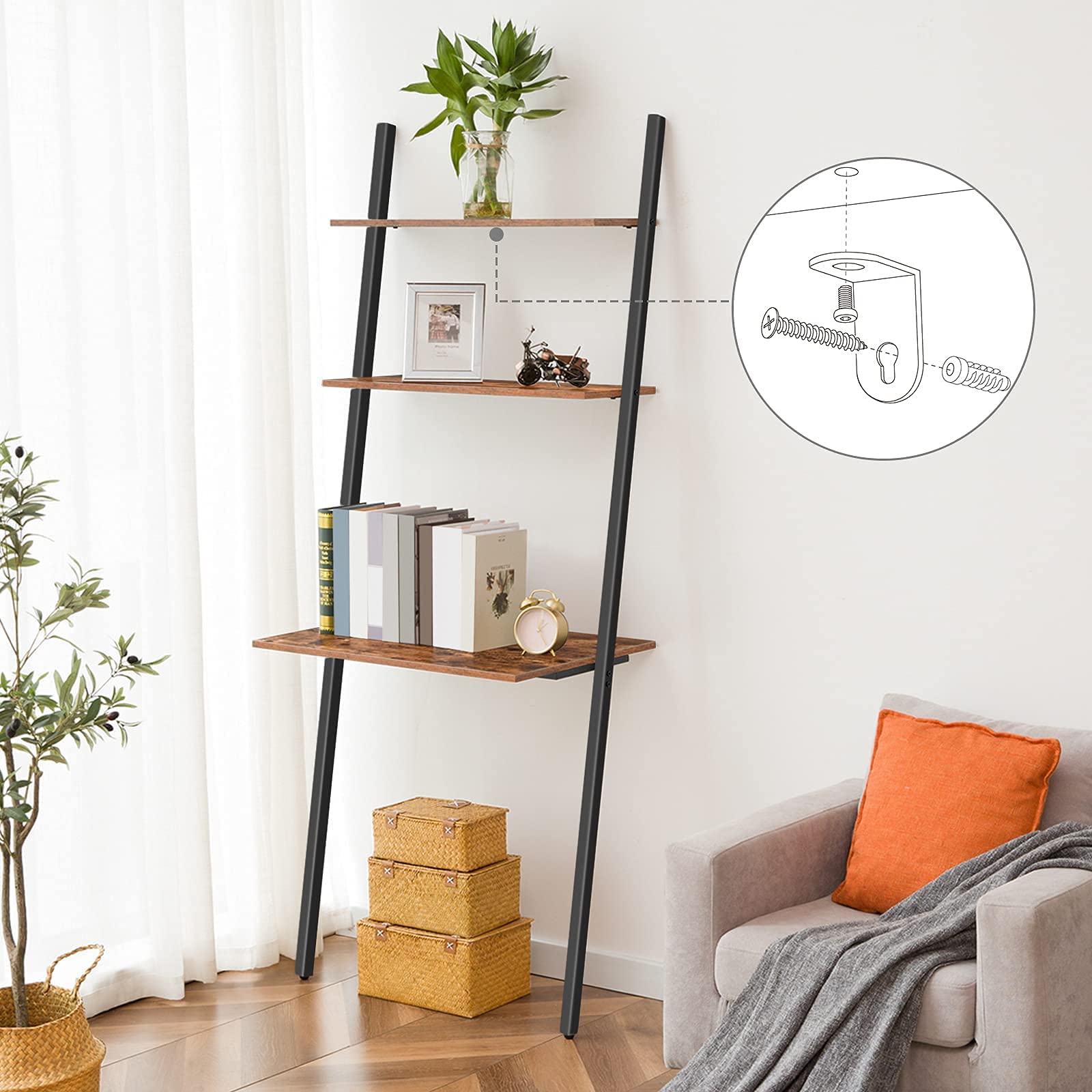 HOOBRO Ladder Computer Desk, Small Home Office Writing Desk with Bookshelf, Industrial Ladder Shelf, Sturdy Metal Frame, Space-Saving Workstation, Easy Assembly, Rustic Brown BF72DN01