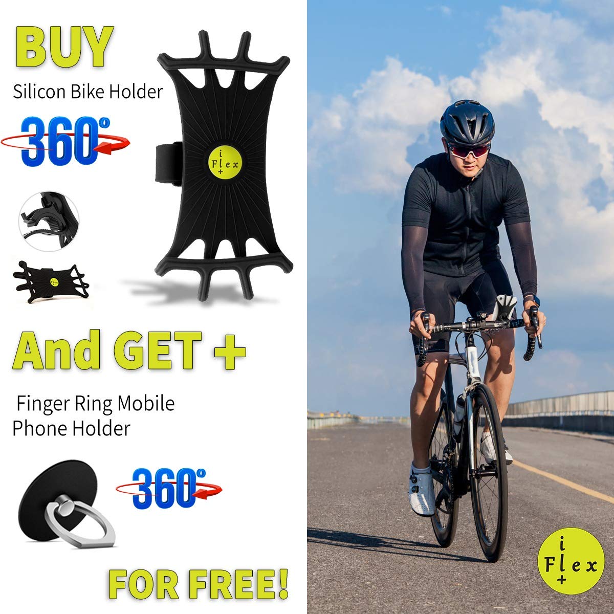 iFlexplus Bike Phone Holder for iPhone 12 Pro/12 mini/12/11 Pro Max/XR/8, Samsung S20/S10, Adjustable Universal Silicone Phone Mount for Bicycle/Stroller/Handlebar Accessories (1 Pack)