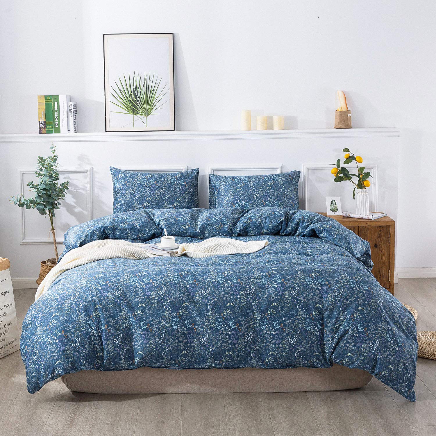 HoneiLife Duvet Cover Set - 100% Cotton Herbs Pattern Comforter , Soft and Breathable Bedding Set with Zipper Closure & Corner Ties, 3pcs(1Duvet Cover+2 Pillow Case)-Blueblack, King