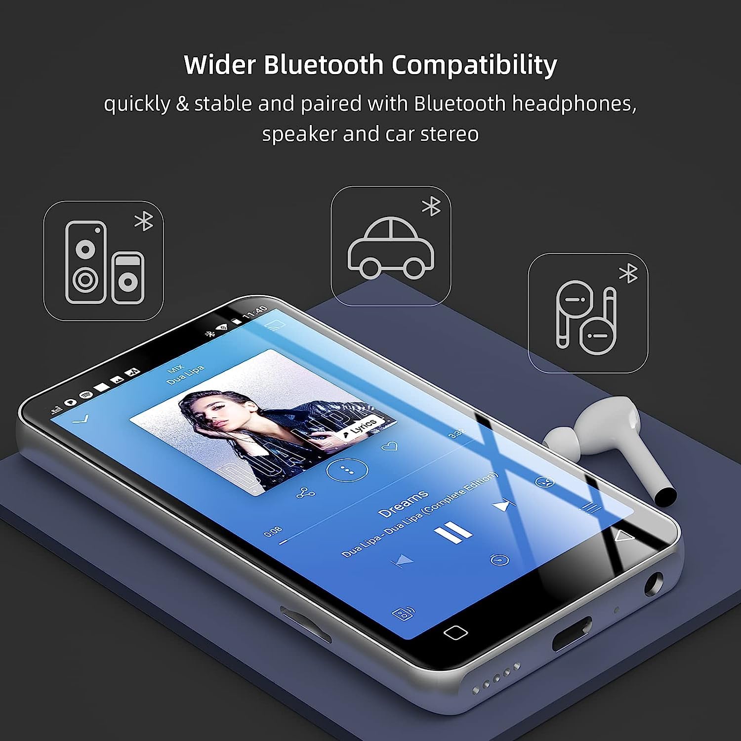 innioasis 16GB MP3 Player with Bluetooth and WiFi, Spotify, Pandora, Amazon Music, Audible, 4" Touch Screen Android Streaming MP3 MP4 Player (Silver)