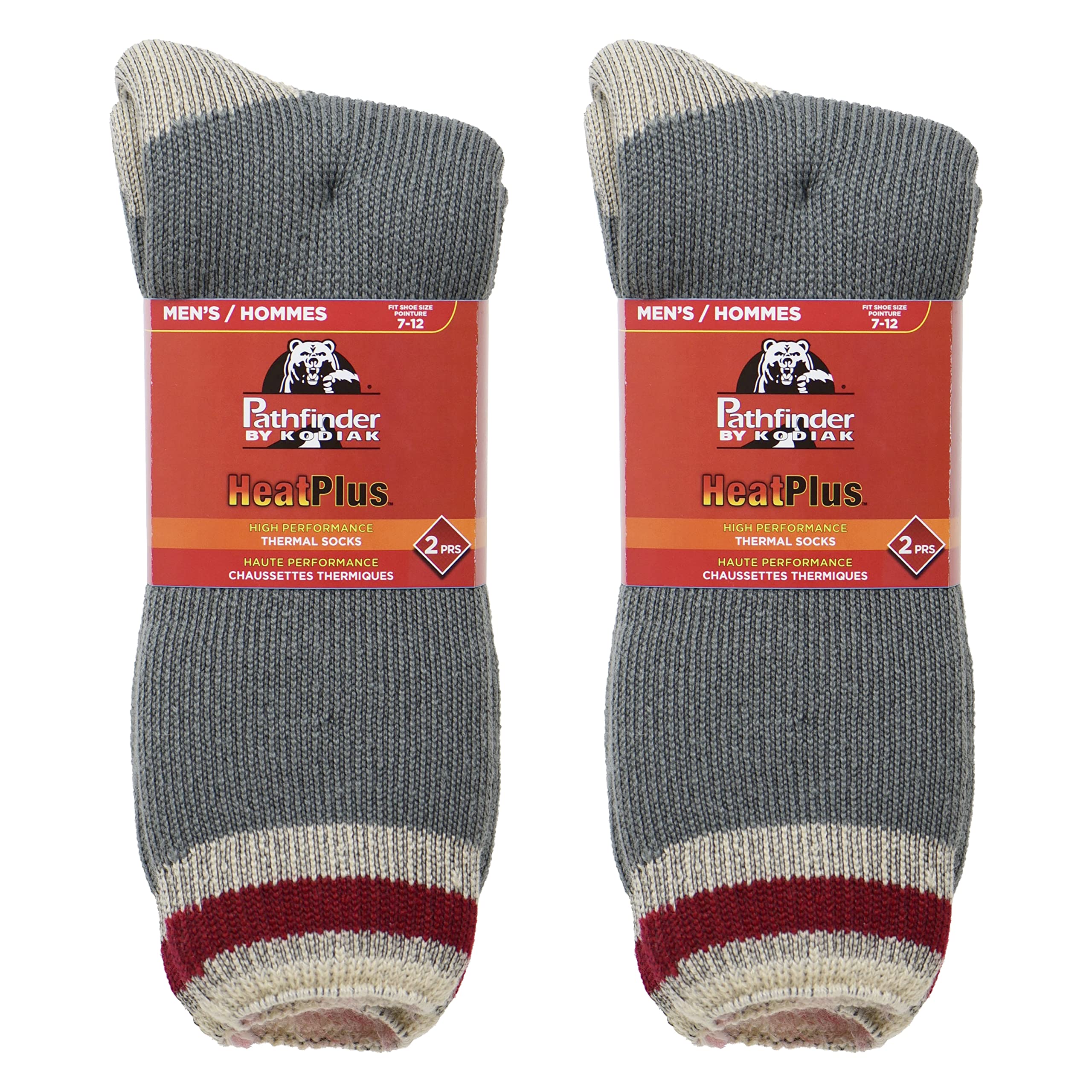 Kodiak Men's Heat Plus Thermal Crew Camp Ski Socks with Thick Brushed Cushioning, 2 Pairs, Size 7-12, Grey Red