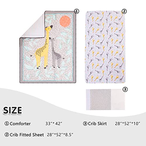Honkaii Crib Bedding Set for Boys or Girls 3 Piece, Crib Sheet, Crib Skirt, Crib Comforter Included, Grey Crib Set for Boys, 100% Cotton Baby Nursery Bedding Decor, Jungle Giraffe Theme