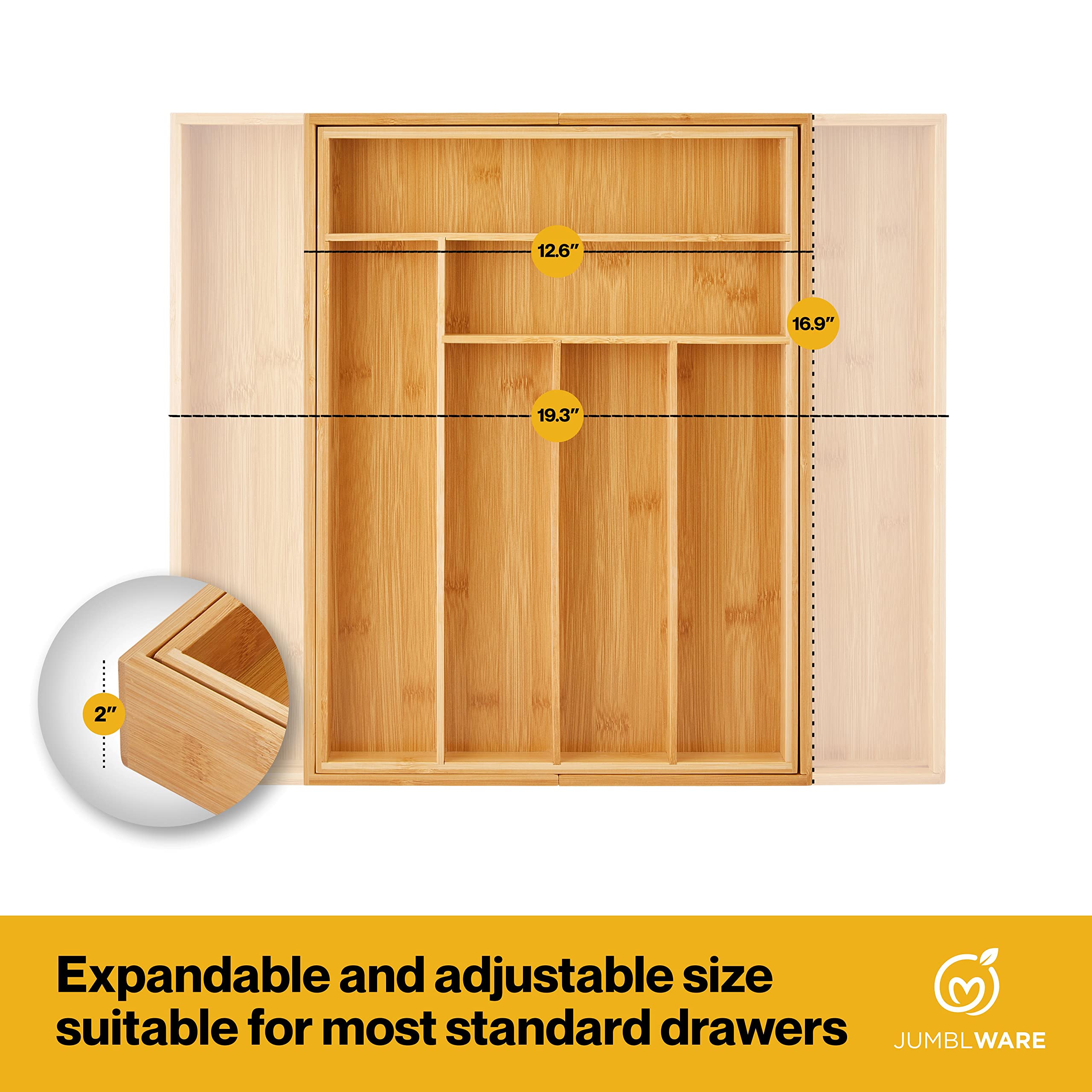 JumblWare Bamboo Expandable Drawer Organizer. Wooden Storage Tray with Dividers for Silverware, Kitchen Utensils, Spices, K Cups, Small Clothes & Makeup. Adjustable Sliding Design from 13β to 19.6β