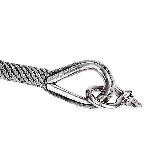 YOUNG MARINE Made 3/8 Inch 100FT 150FT Premium Solid Braid MFP Anchor Line Braided Anchor Rope/Line with Stainless Steel Thimble and Shackle, Grey (3/8" x 50')