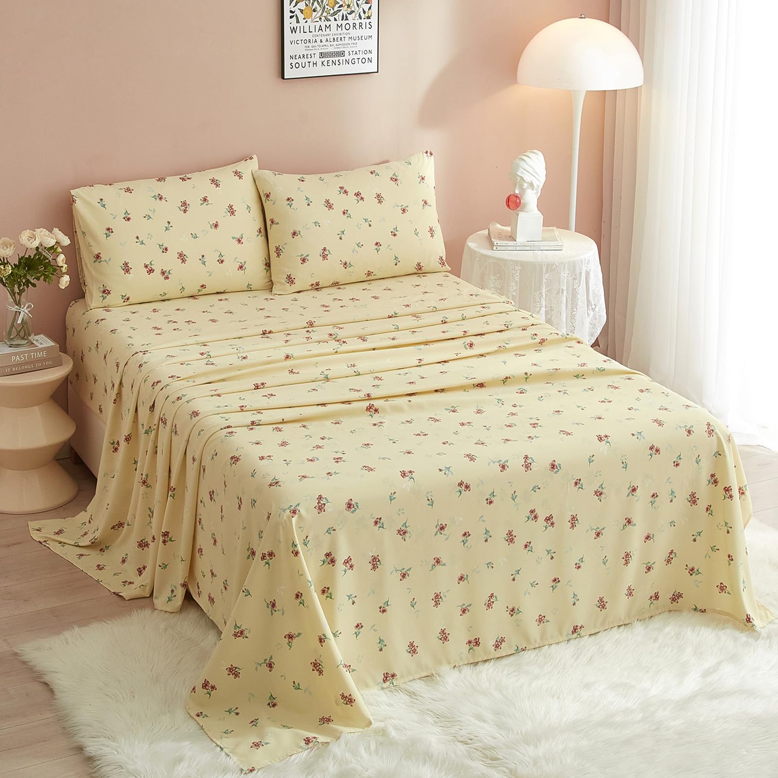 HIGHBUY Extra Deep Pocket Full Sheets - 4 Piece Floral Sheets Bed Sheets Fit 16 Mattress - Luxury Soft Cooling Sheets Fitted Sheets Full Size,Deep Pocket Full Sheets,Yellow Floral Bed Sheets