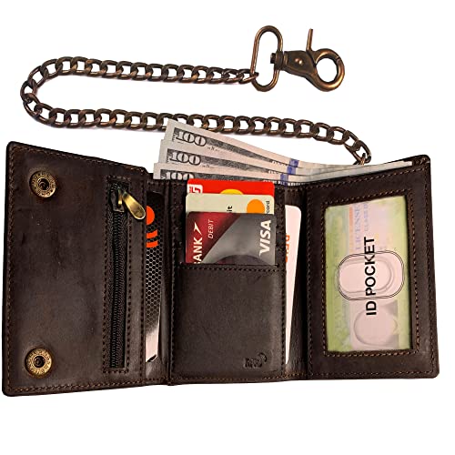 IBRO Motorcycle Biker Trifold Chain Wallet for Men - Cowhide Leather