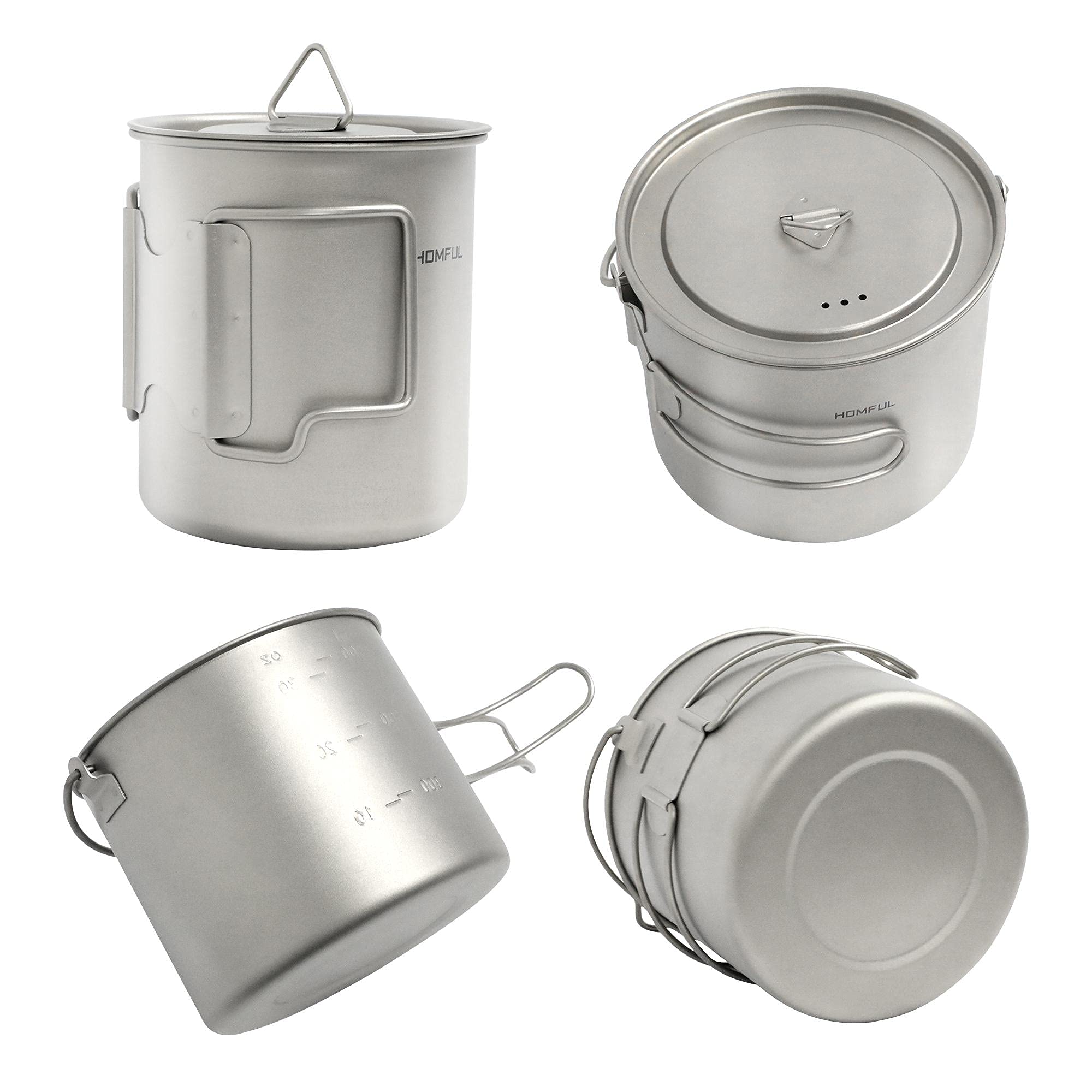 HOMFUL Camping Cookware Titanium Cooking Set,1100ML 420ML Camping Pots Cup Mug,Titanium Spork with Mesh Bag for Backpacking Hiking Picnic