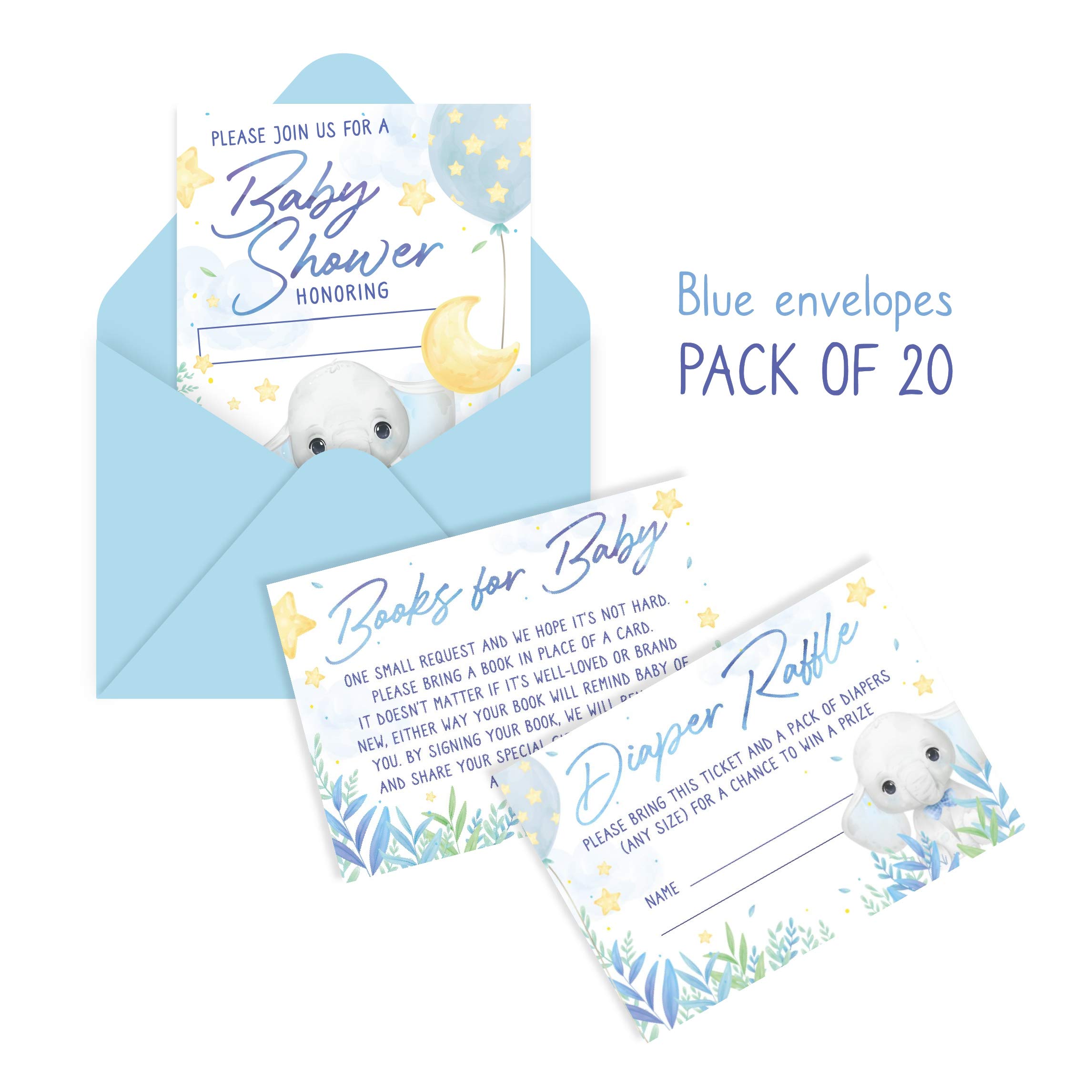 Joyful Toys 20 Baby Shower Elephant Invitations With 20 Envelopes, 20 Diaper Raffle Cards, 20 Baby Shower Book Request Cards