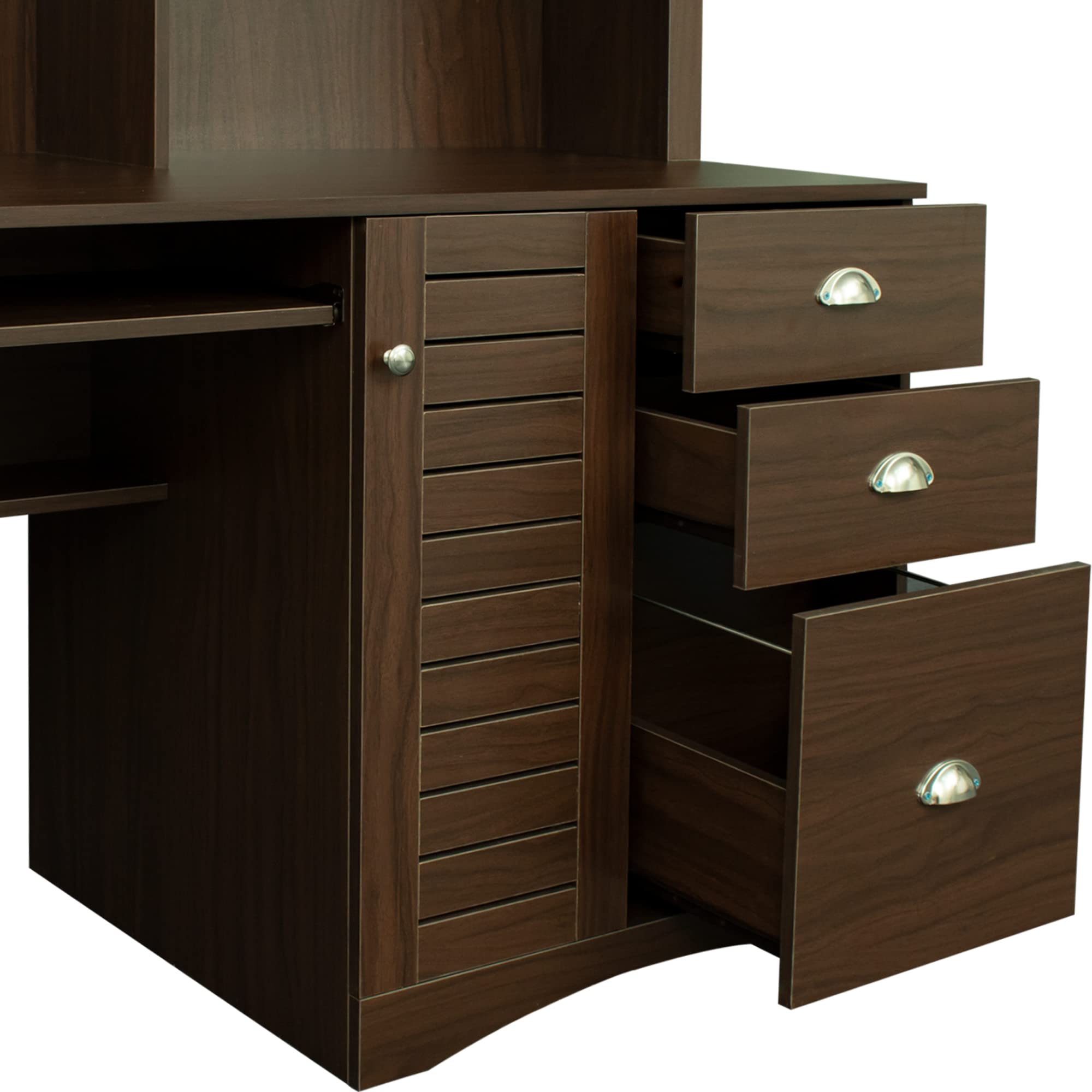 GINGVAT Hutch Style Home Computer Desk with Shelves and 3 Large Drawers,Slid Keyboard Tray,for Study, Bedroom, Living Room and Office, Walnut
