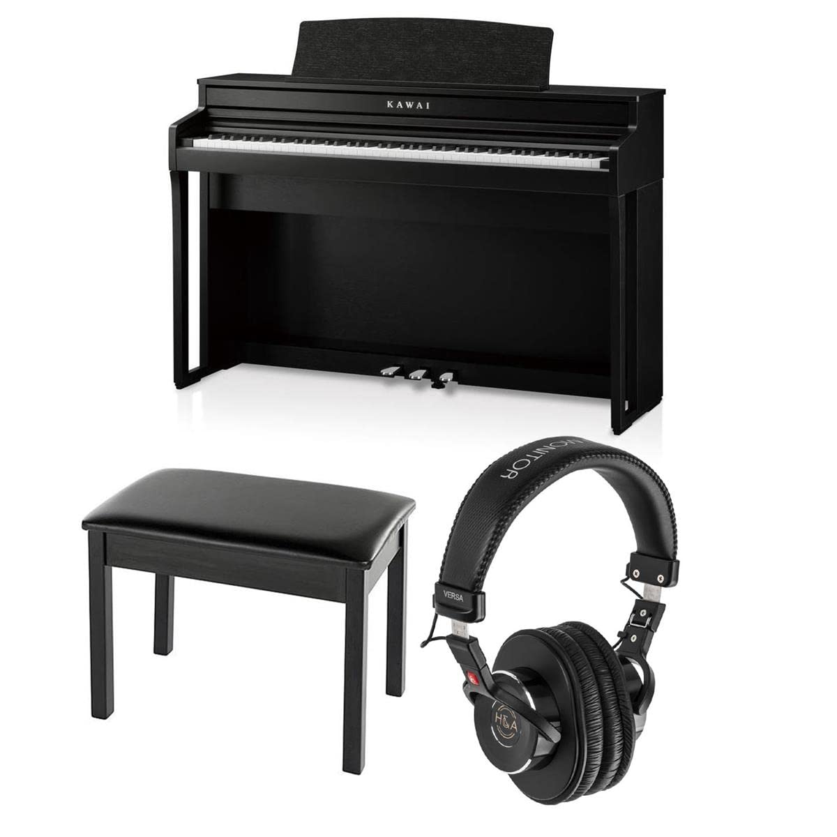 Kawai CA49 88-Key Grand Feel Compact Digital Piano with Padded Bench, Premium Satin Black Bundle with H&A Versa Professional Field and Studio Monitor Headphones