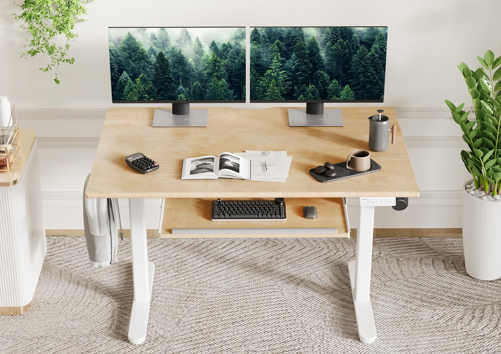 INNOVAR Electric Standing Desk, Solid Wood Adjustable Desk with Keyboard Tray, 48×24 Inch Stand up Home Office Desk with Whole-Piece Board, White Frame/Natural Top